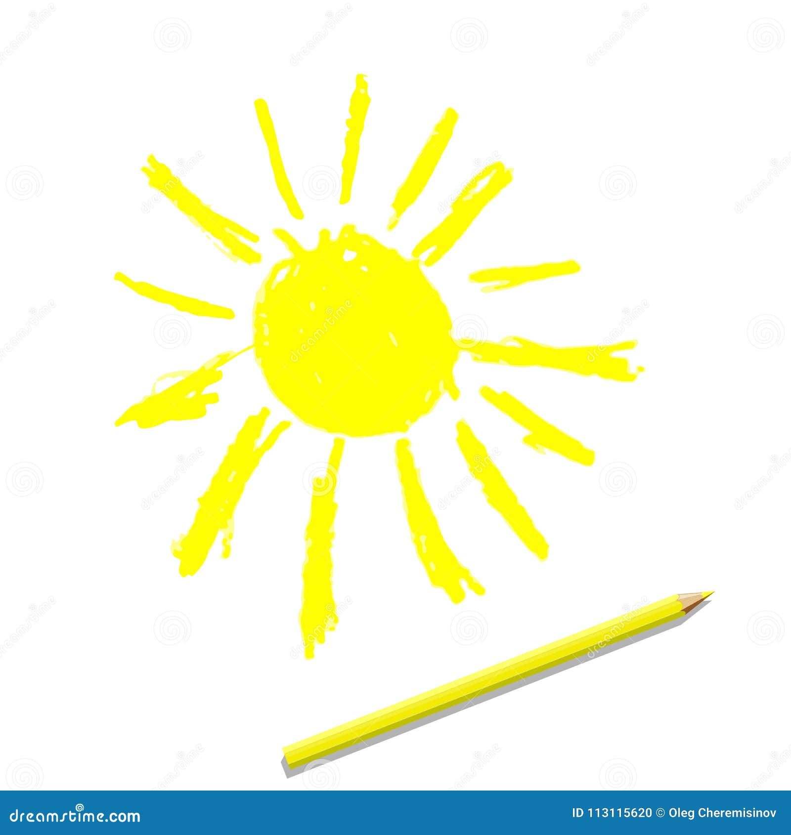 Hand Drawn Yellow Sun and Realistic Yellow Pencil. Vector Illustration ...