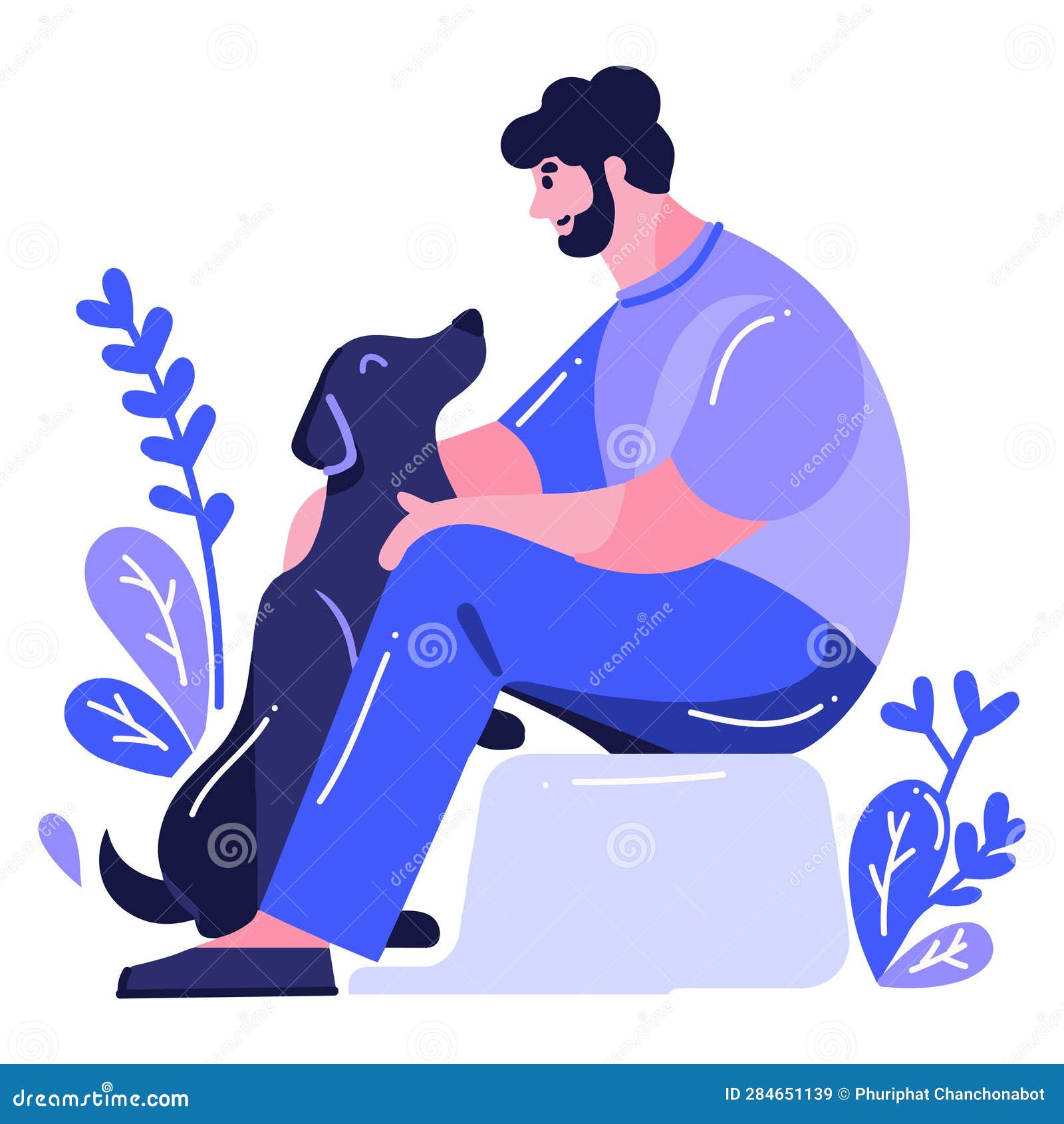 Hand Drawn Young Man with Dog in Flat Style Stock Vector - Illustration ...