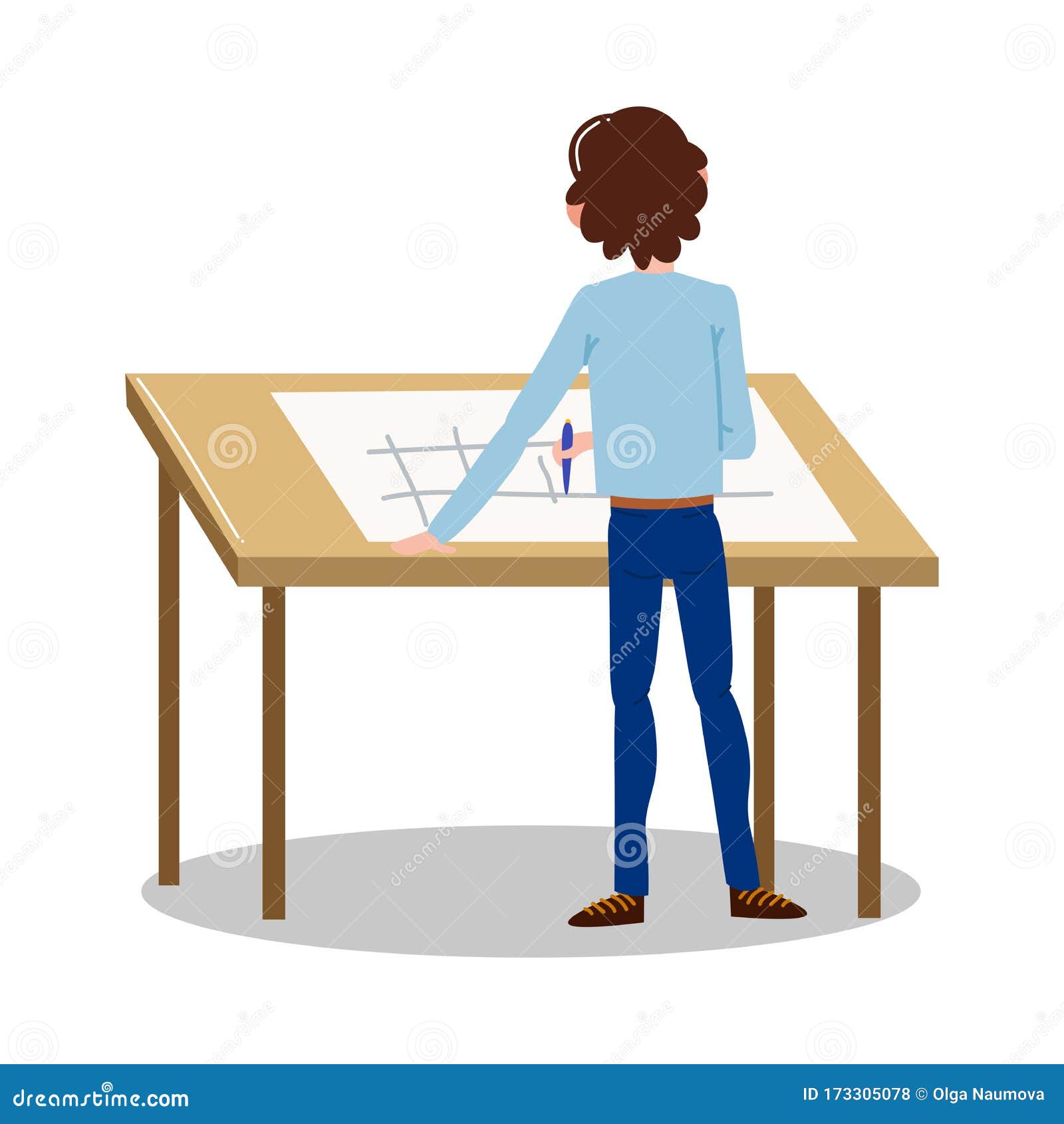 Man Engineer Standing Backwards and Drawing Plan Vector Illustration ...