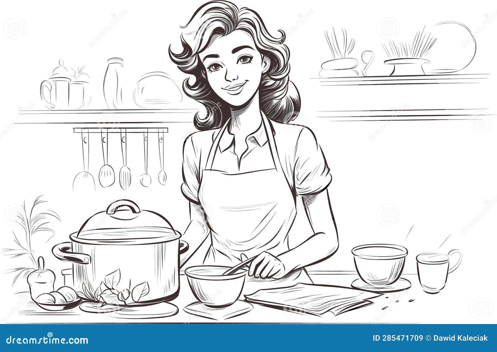 Hand Drawn Young Woman Cooking in the Kitchen. Stock Illustration ...