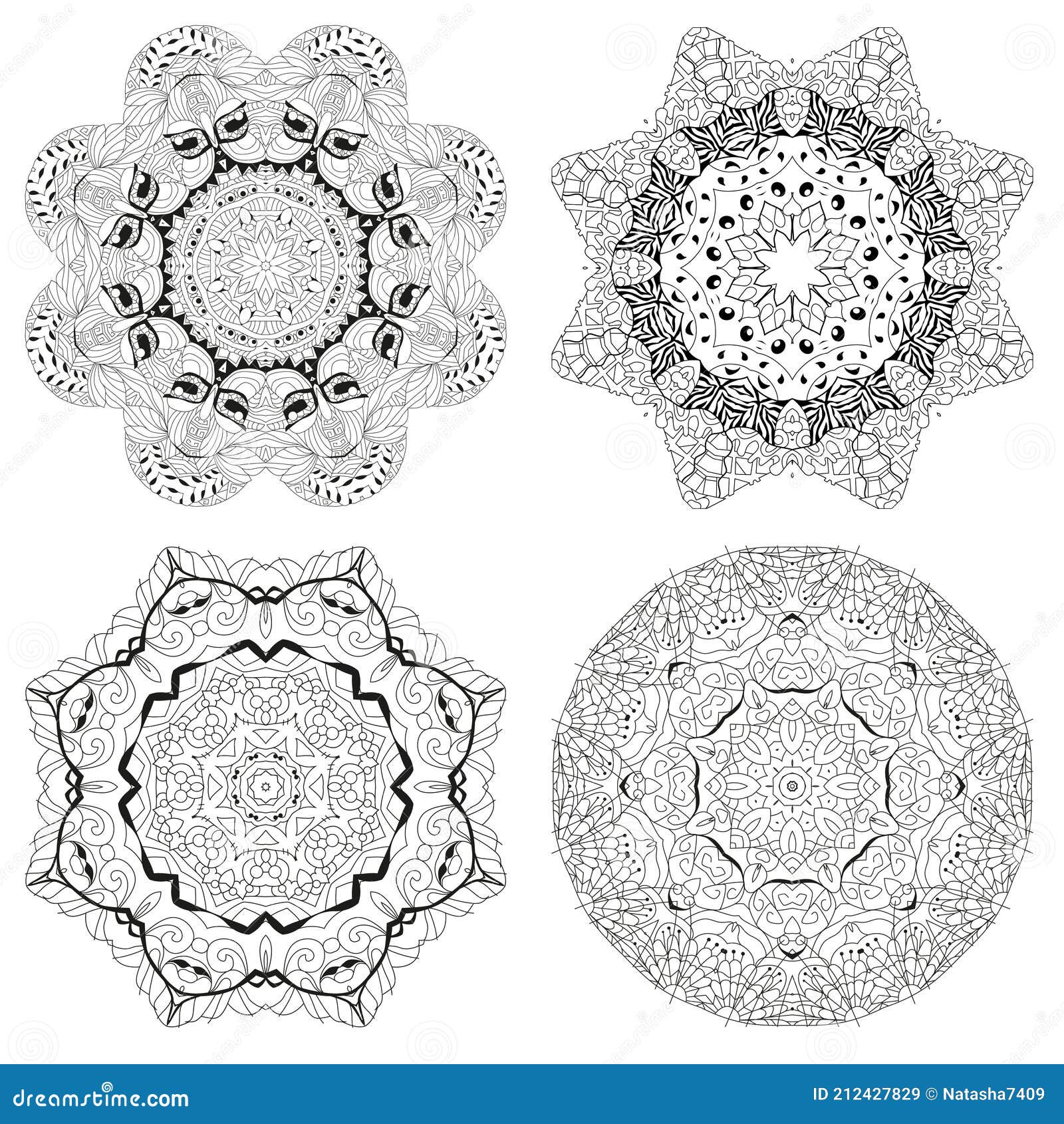 Hand Drawn Zentangle Set Of 4 Mandalas For Coloring Page Stock Vector
