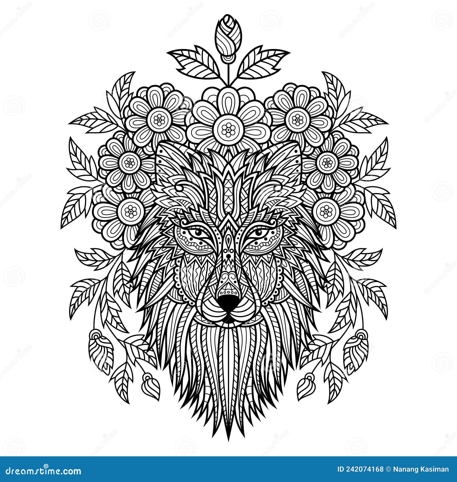 Hand Drawn Zentangle Wolf Head with Flowers Illustration Stock Vector ...