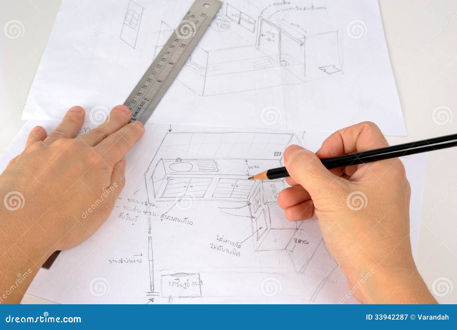 Hand Is Drawning Sketch Of The Kitchen With Pencil And Ruler Royalty ...