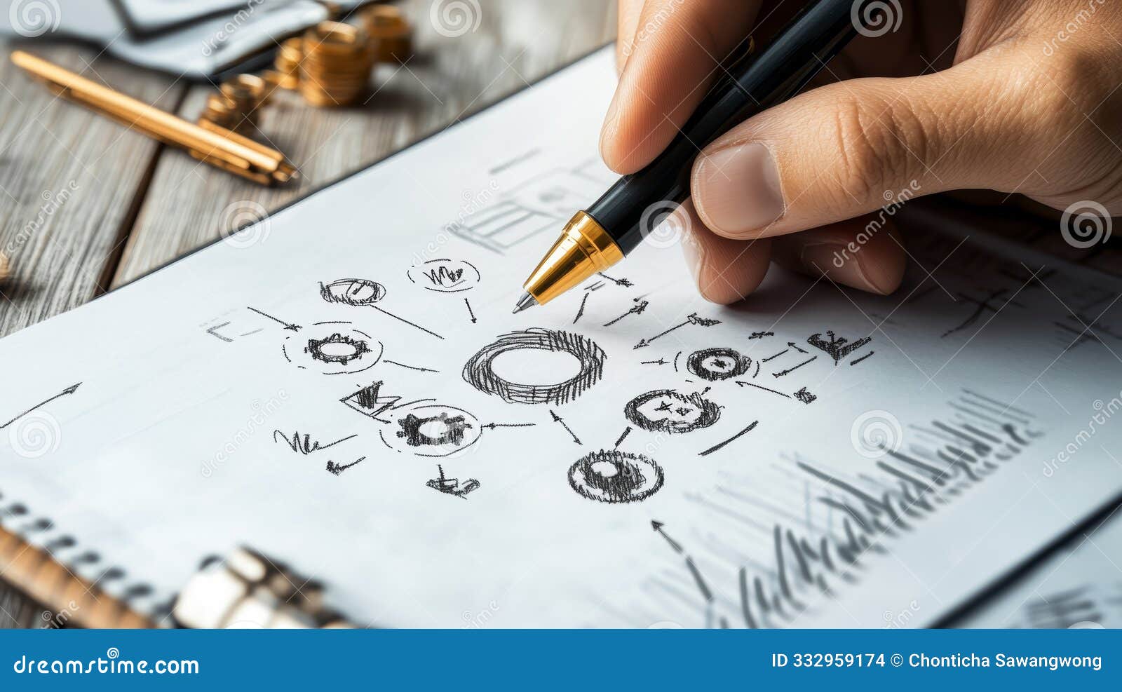 A Hand Draws a Diagram of Interconnected Gears on a Notepad ...