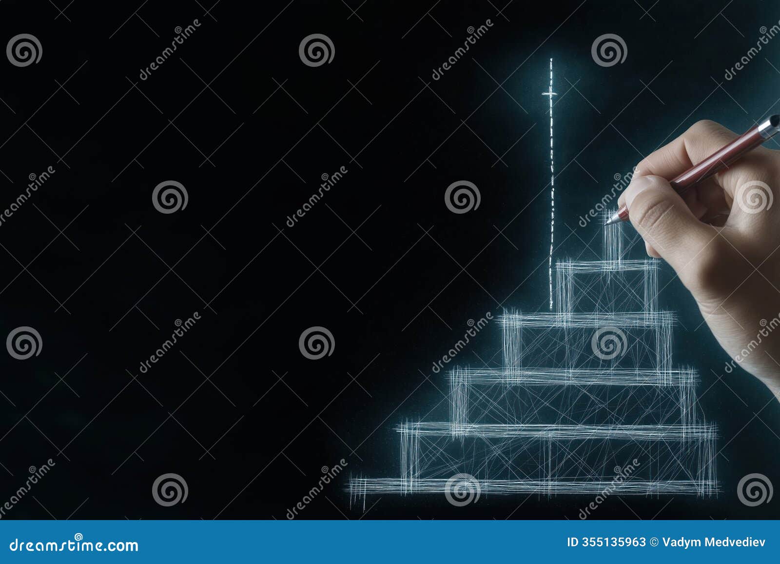 Hand Draws Digital Staircase on Dark Surface. Design Process Visualized ...