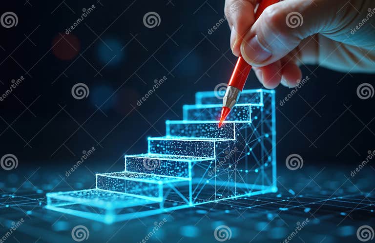 Hand Draws Digital Staircase. Tech Progress Concept. Modern Graphic ...