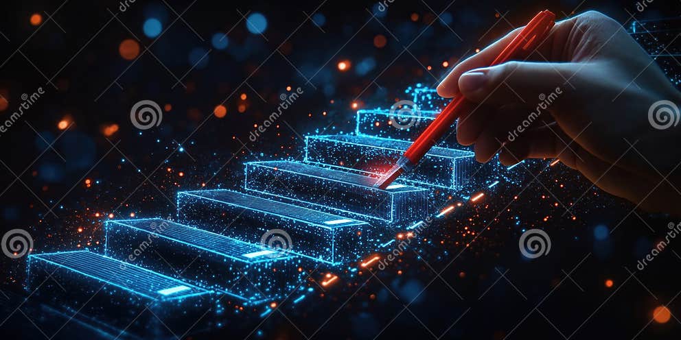 Hand Draws Digital Stairway. Modern Tech Illustration Shows Steps for ...