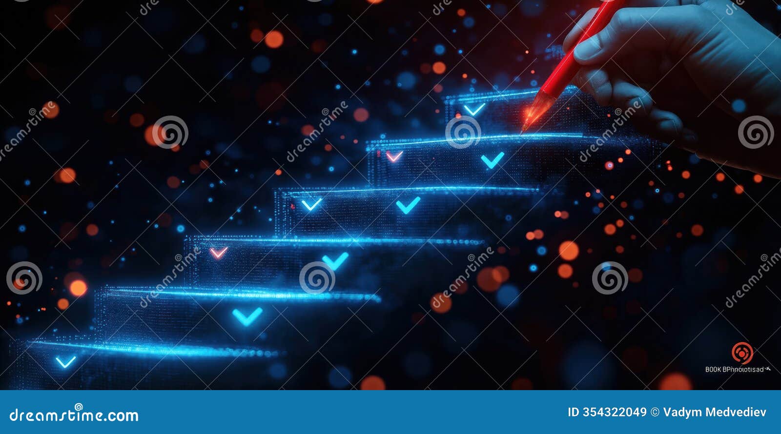 Hand Draws Glowing Digital Staircase. Steps Represent Progress ...