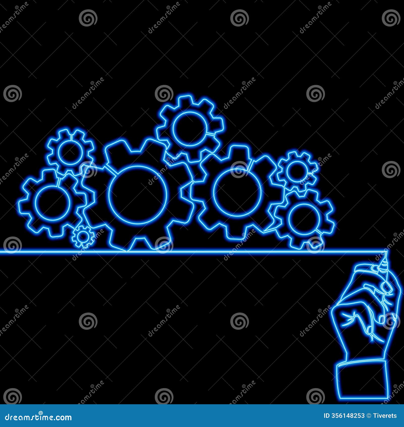 Hand Draws a Line Under a Group of Gears Icon Neon Glow Concept Stock ...