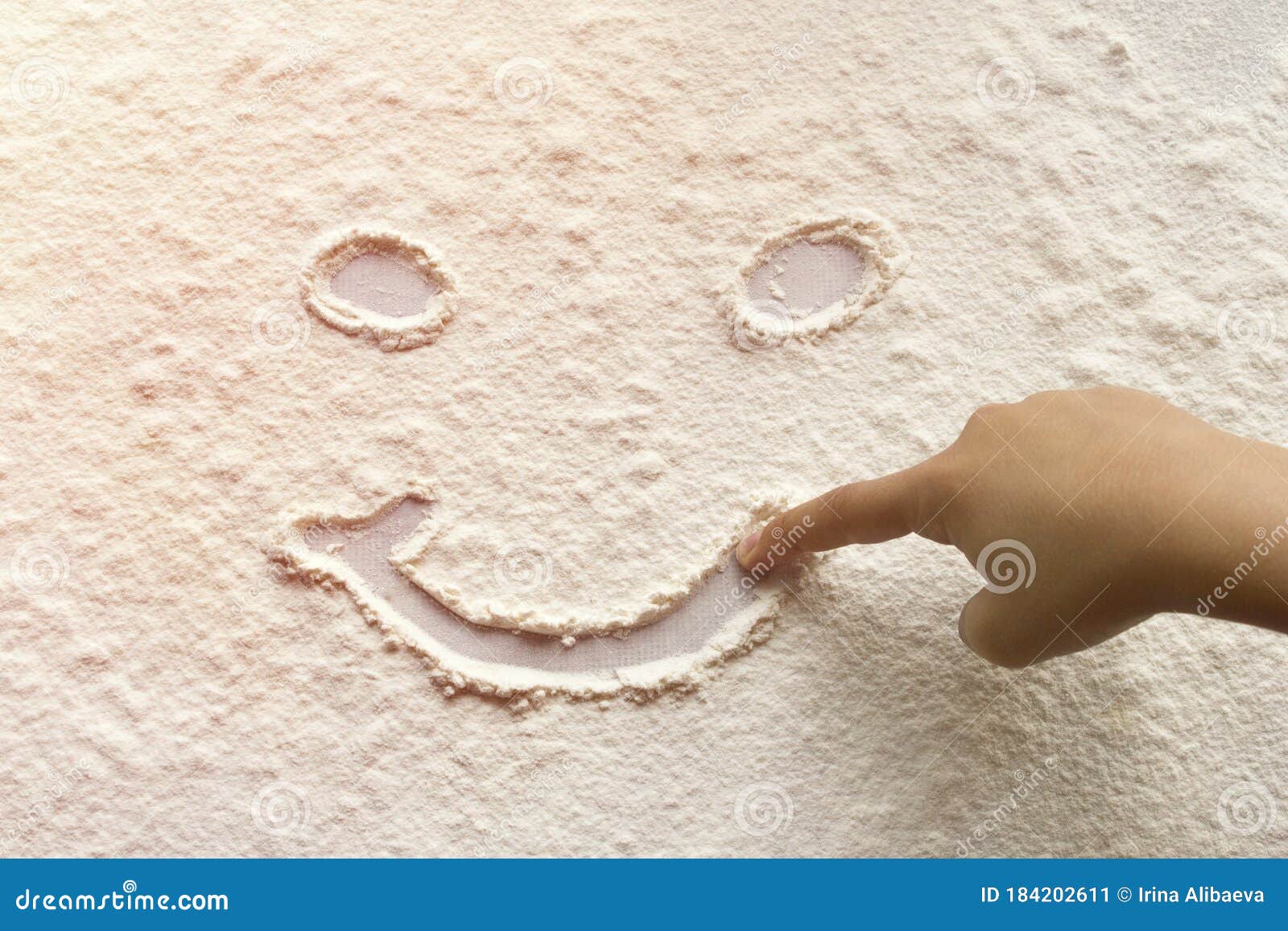 Hand Draws Smile on the Flour. Concept of Joy Stock Image - Image of ...