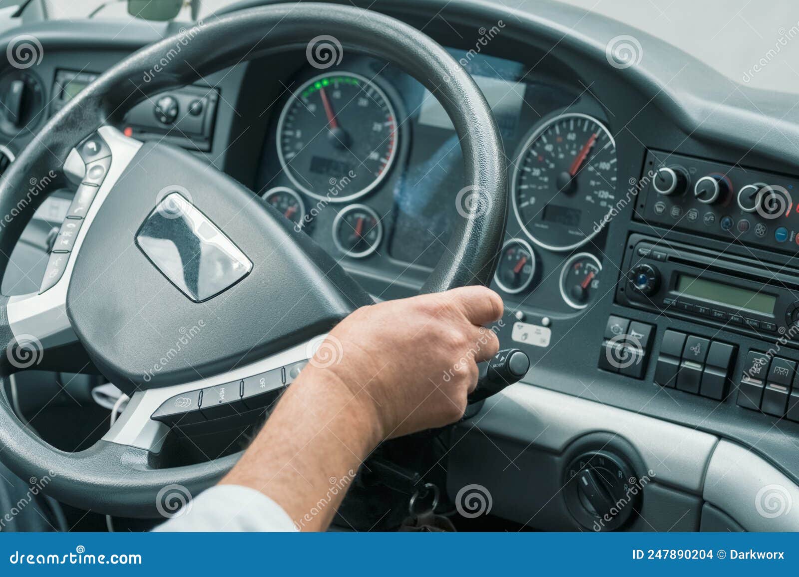 Hand of a Driver on Steering Wheel at Intercity Coach Bus. Focus on ...