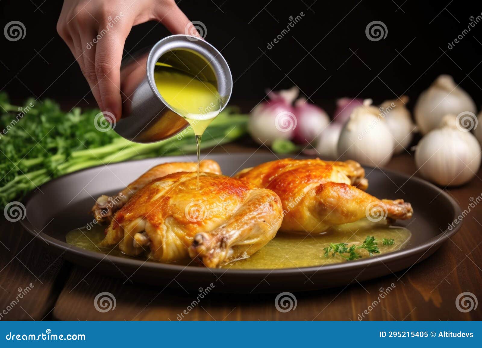 Hand Drizzling a Spoonful of Butter Over Cooked Chicken Stock Image ...