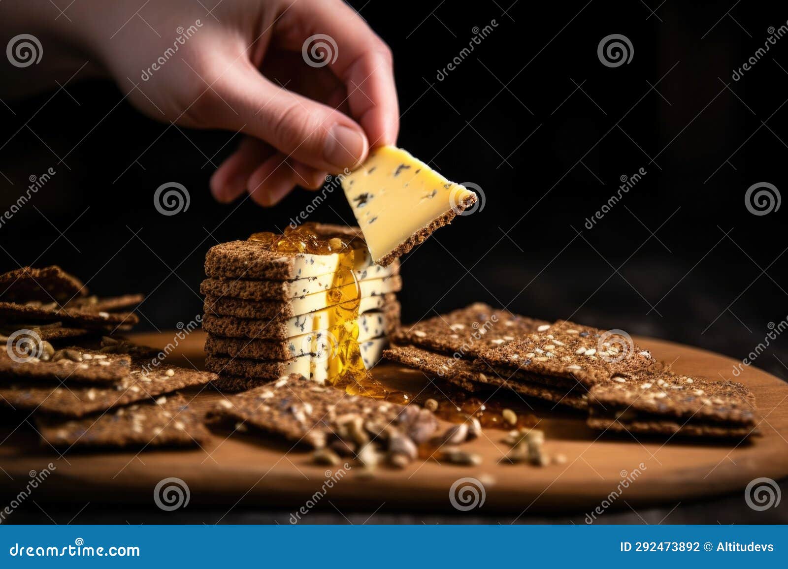 Hand Dropping Bits of Cheese on a Pile of Rye Crackers Stock Photo ...