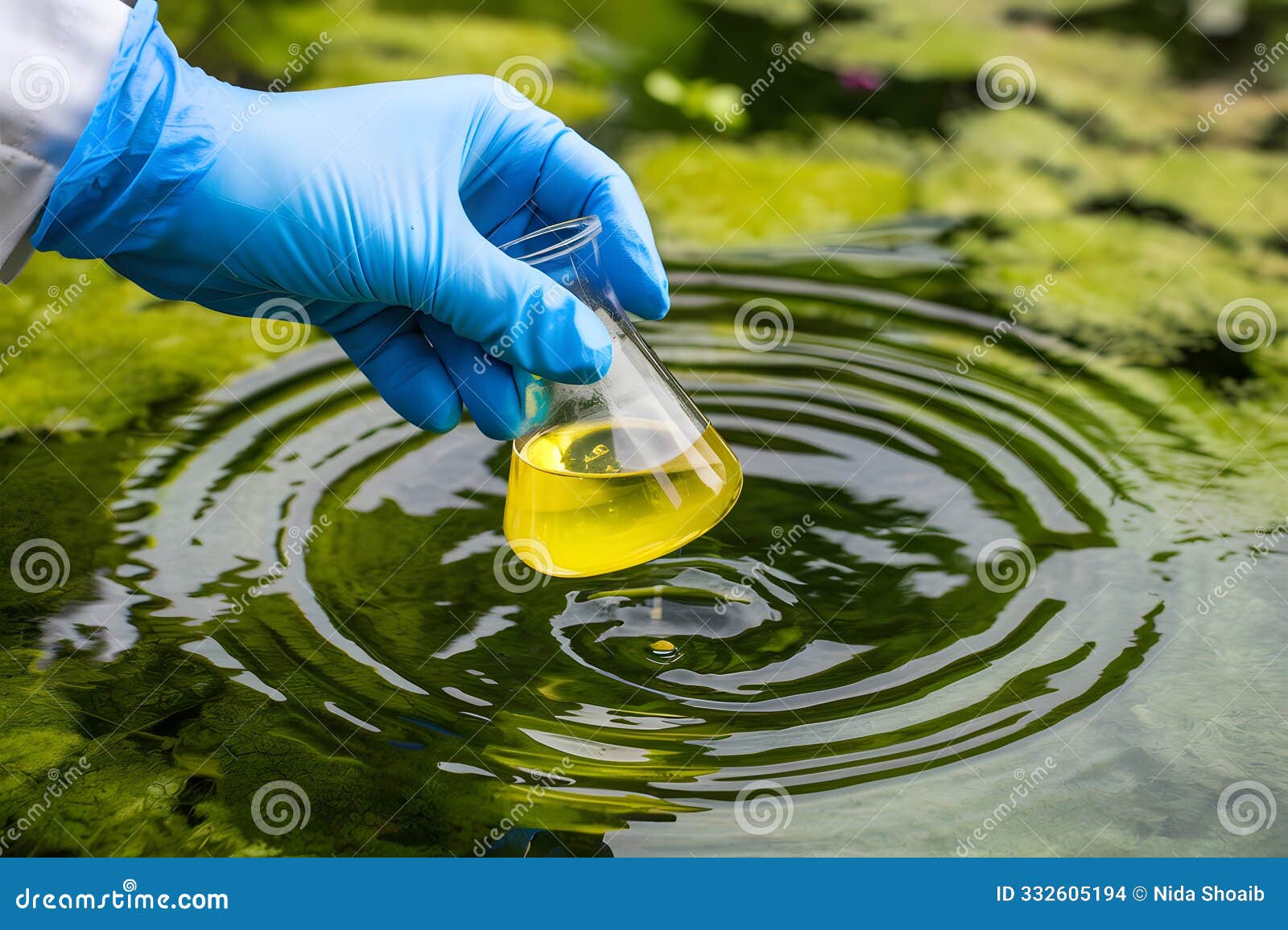 A Hand Drops Flask of Yellow Liquid into Algae Infested Water, Creating ...