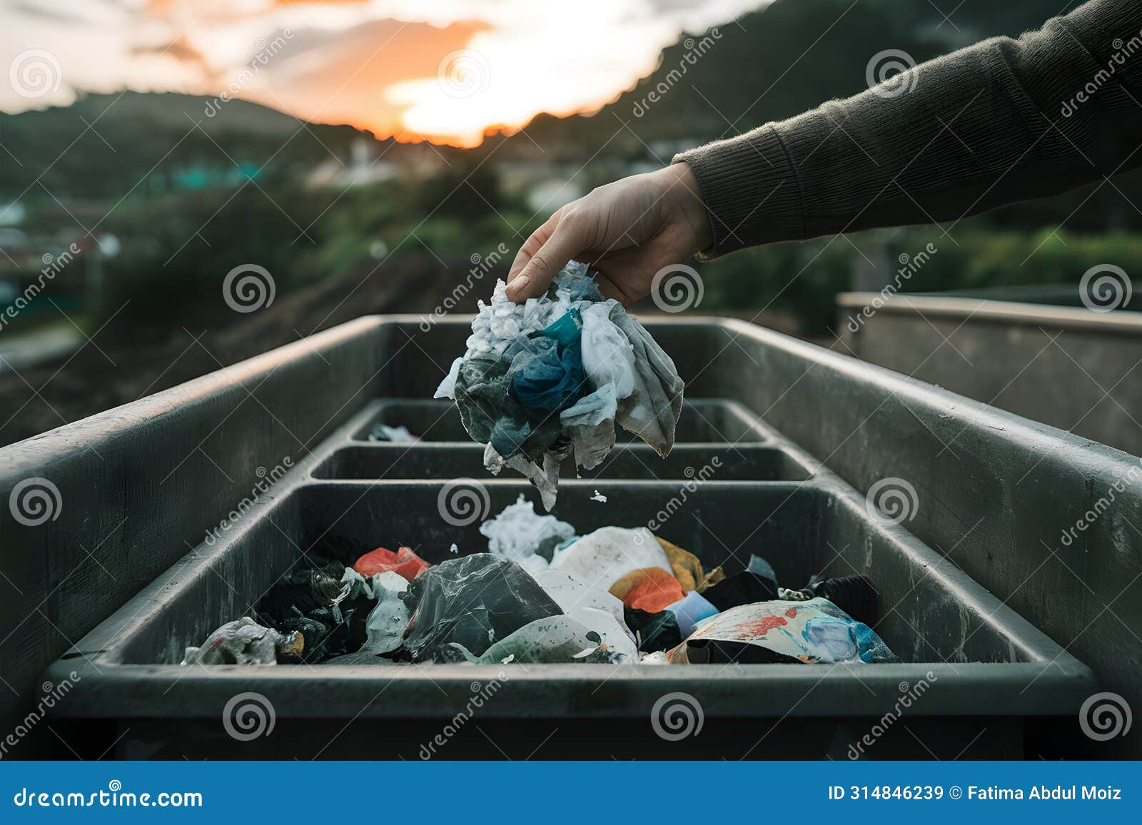 Hand Drops Garbage into Dirty Container, Promoting Environmental Awareness Stock Illustration ...