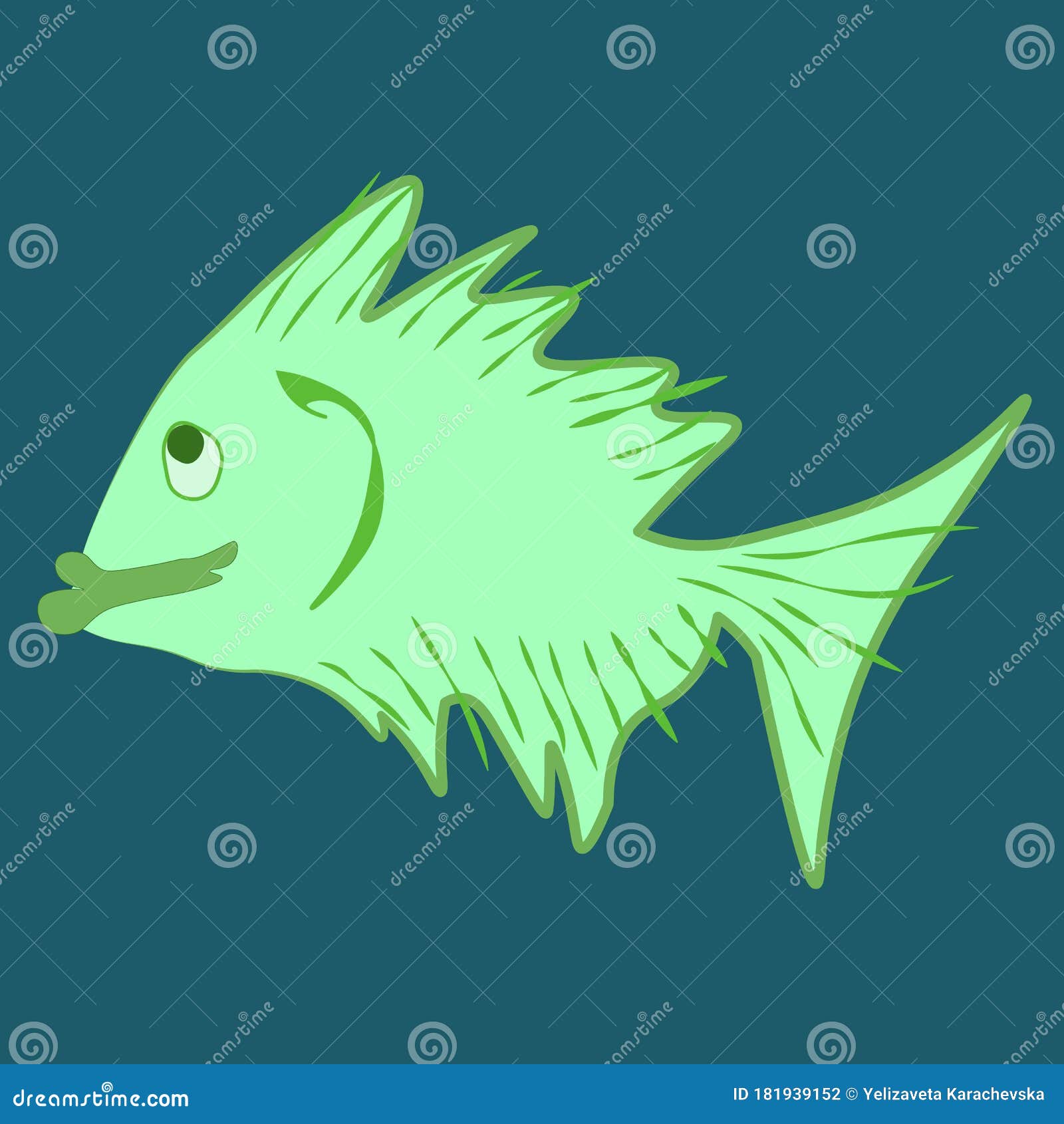 Hand Drown Funny Green Fish Doodle on Blue Background Stock ...