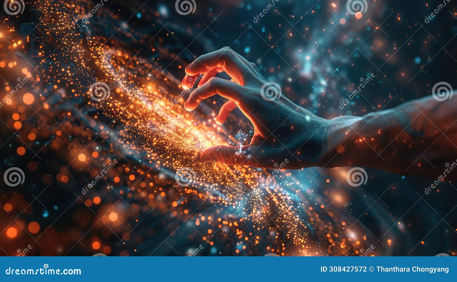 Hand with Dynamic Trail of Sparkling Particles Stock Illustration ...