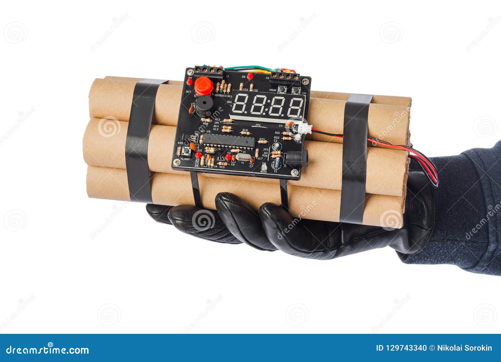 Hand with dynamite bomb stock photo. Image of blast - 129743340