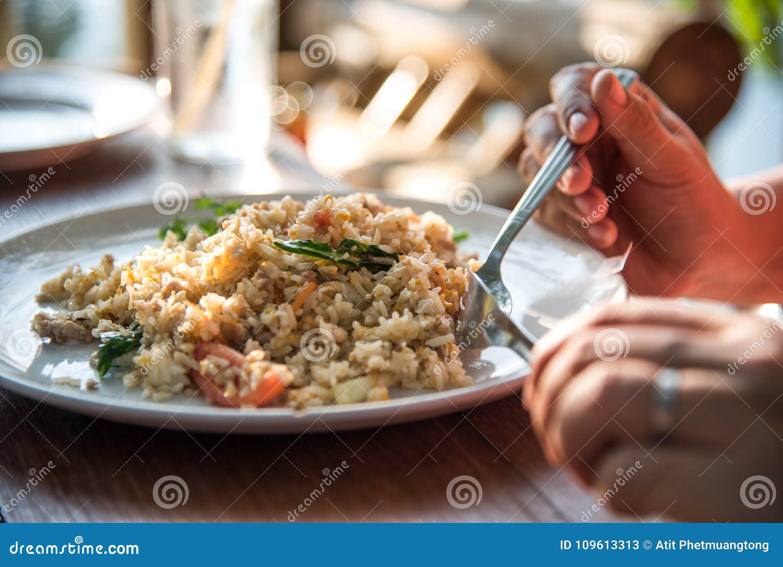 Hand is Eating Rice Fried Breakfast. Stock Image - Image of green, hand ...