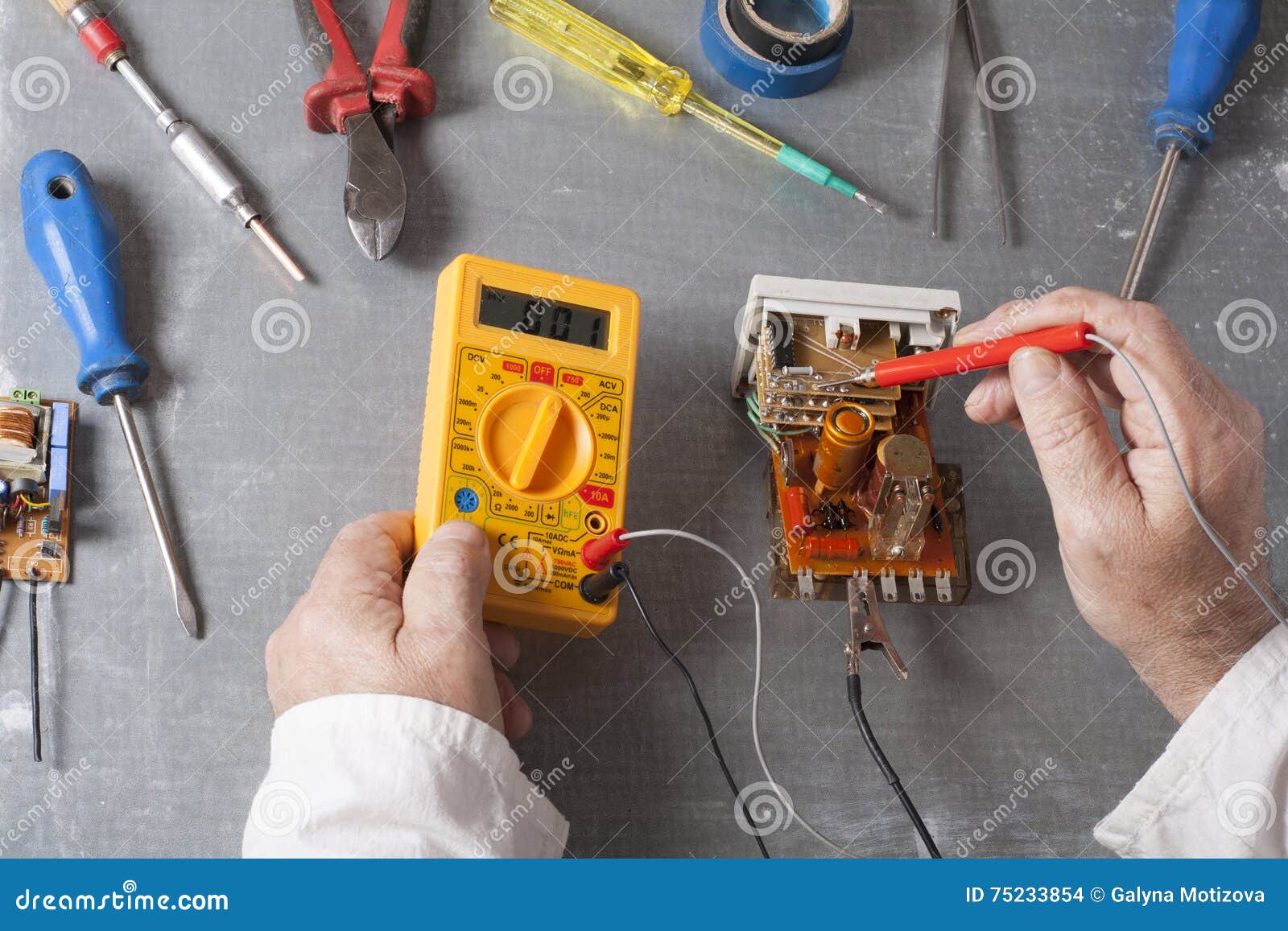 Hand of Electrician with Multimeter Probe at Electrical Switchgear ...
