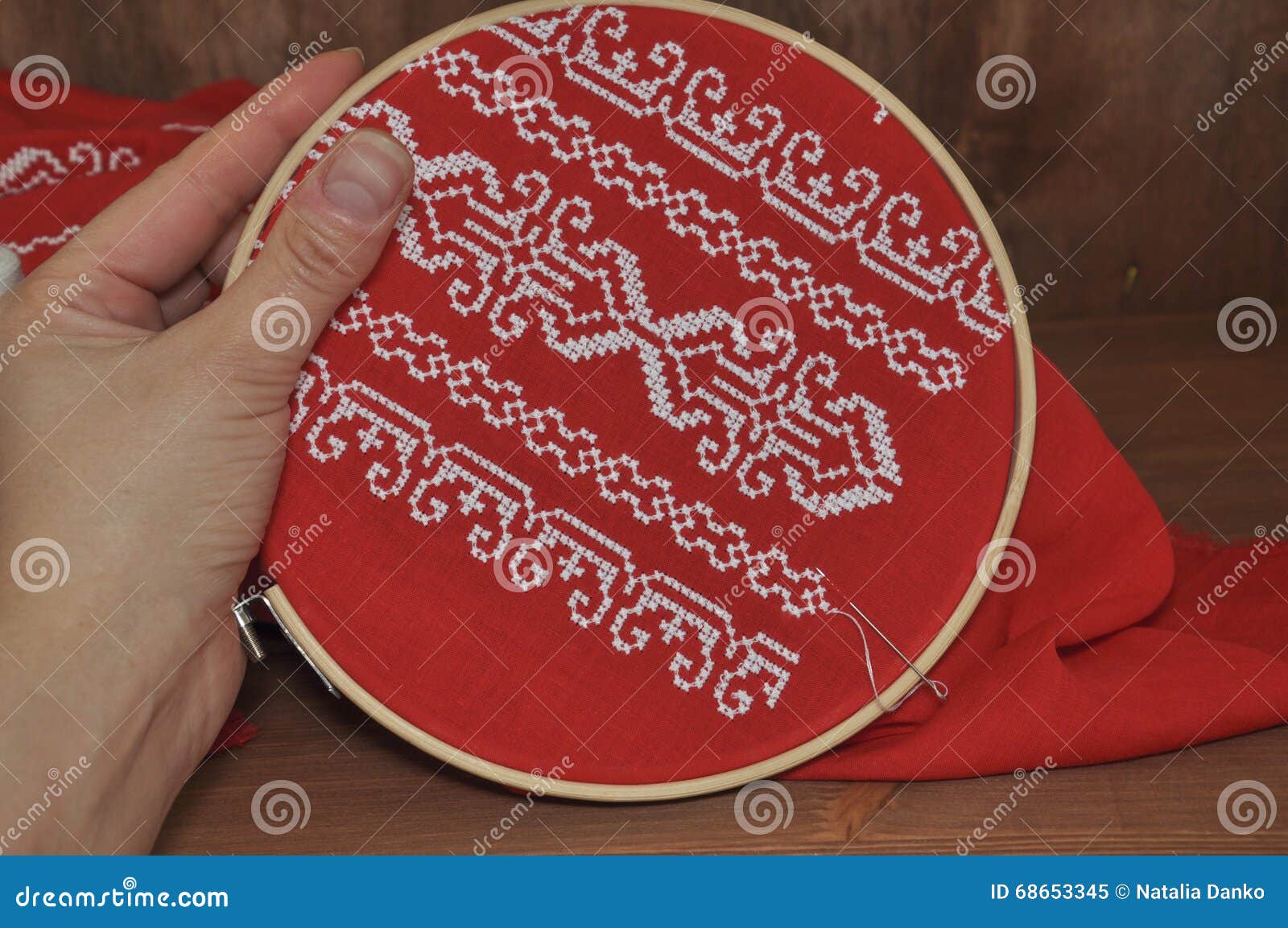 Hand Embroidery Cross on Red Cloth with White Thread Stock Image ...