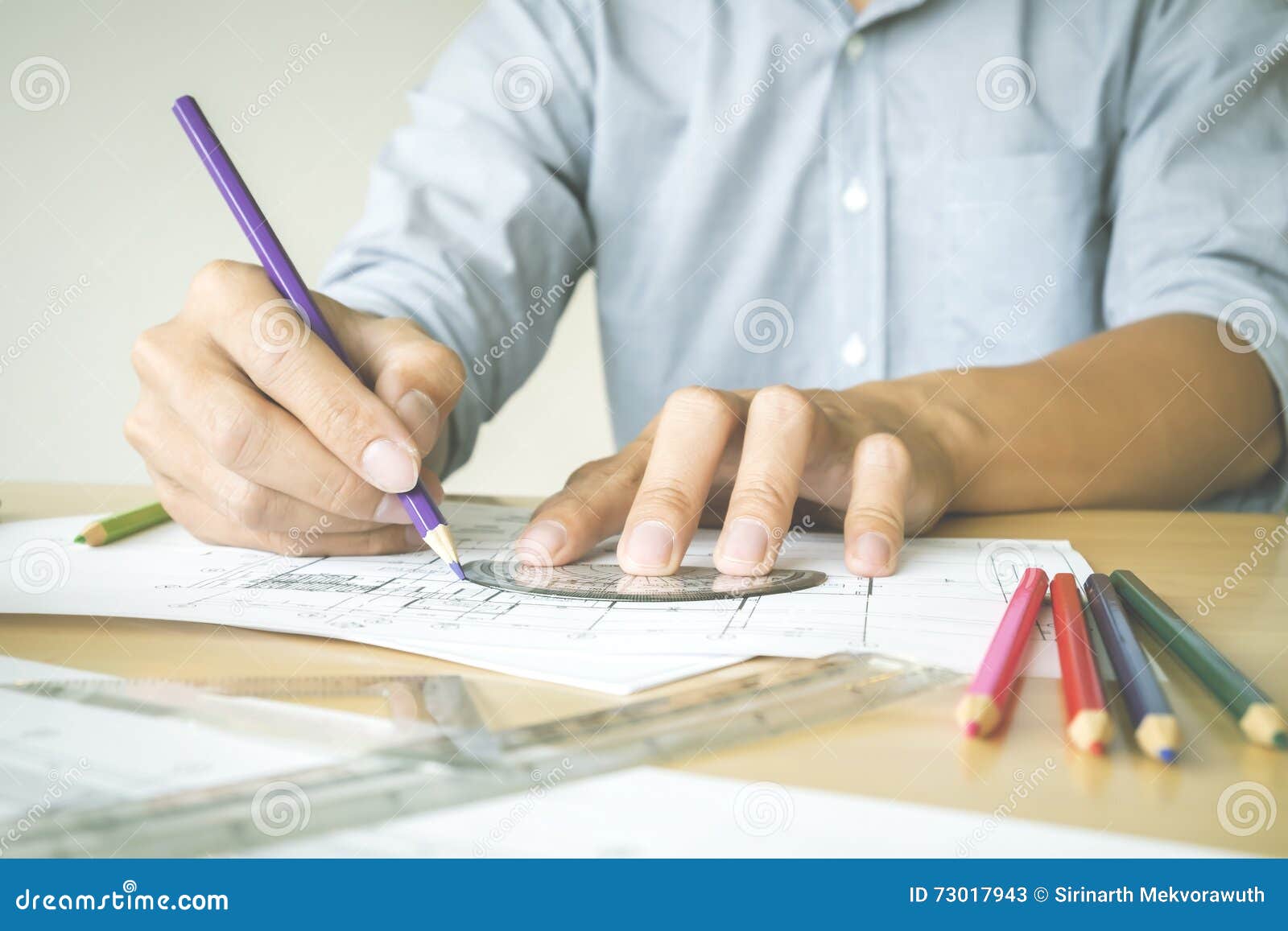 Hand of Engineer or Architect Project Drawings by Color Pencil. Stock ...