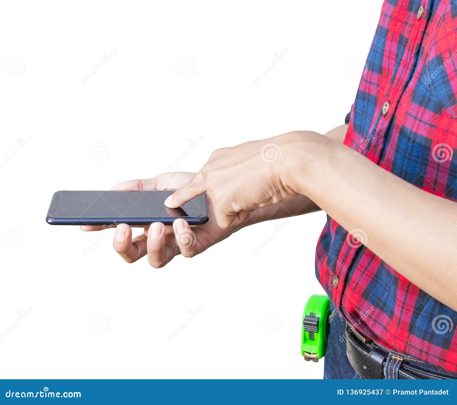 Hand of Engineer Holding Cell Phone on White Background Stock Image ...