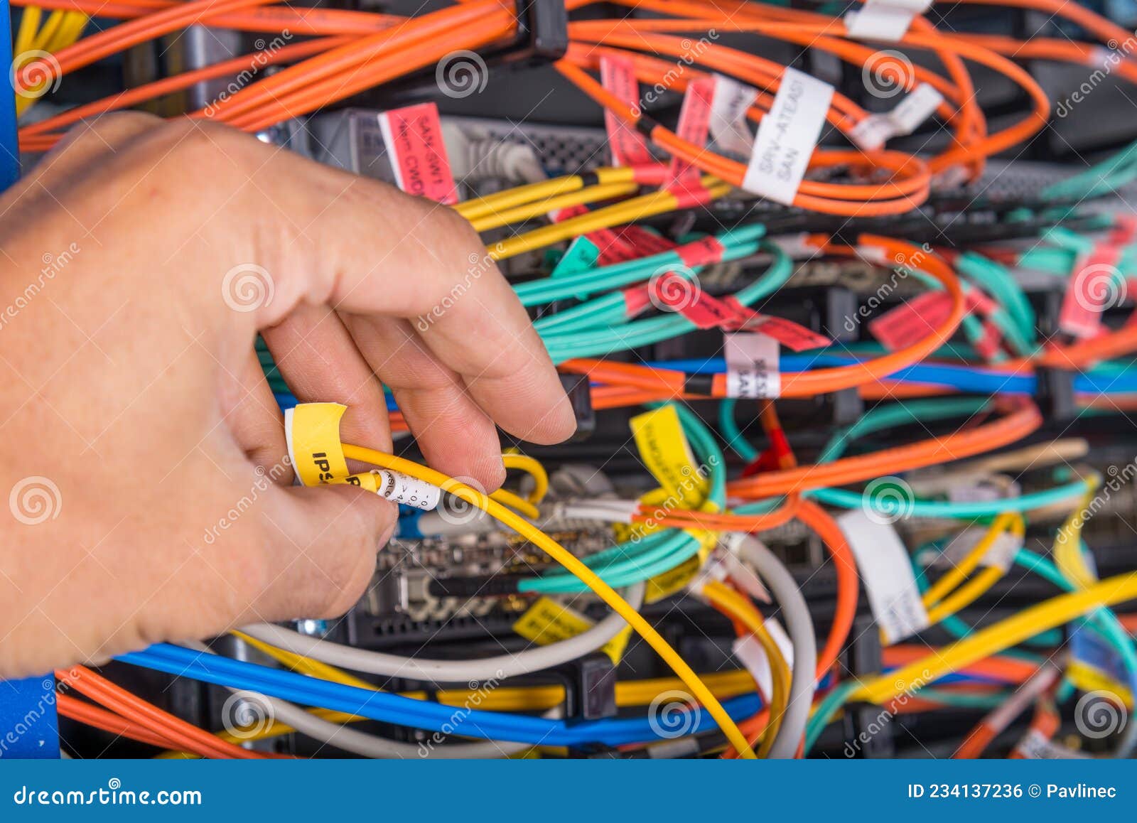 Hand of Engineer Plugging in Ethernet Cable into Server Switch P Stock ...