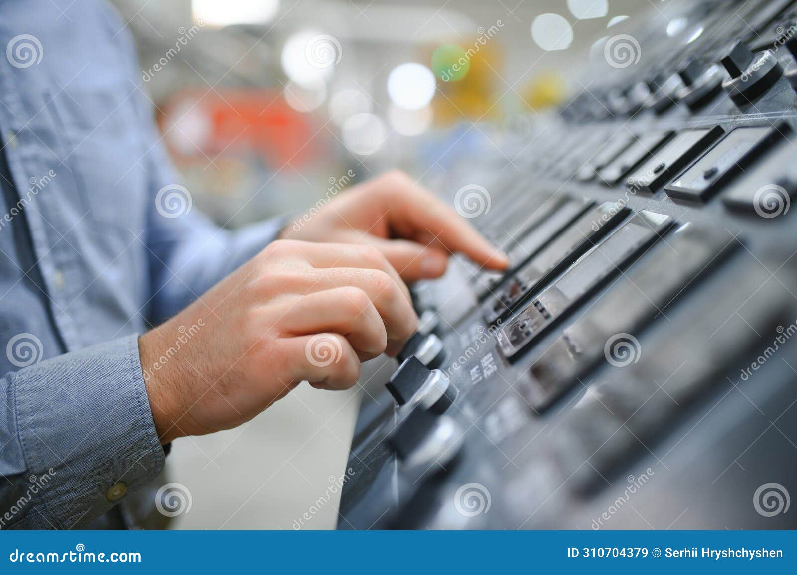Hand of Engineer Turn Power Button on Panel Control Machine Stock Image ...