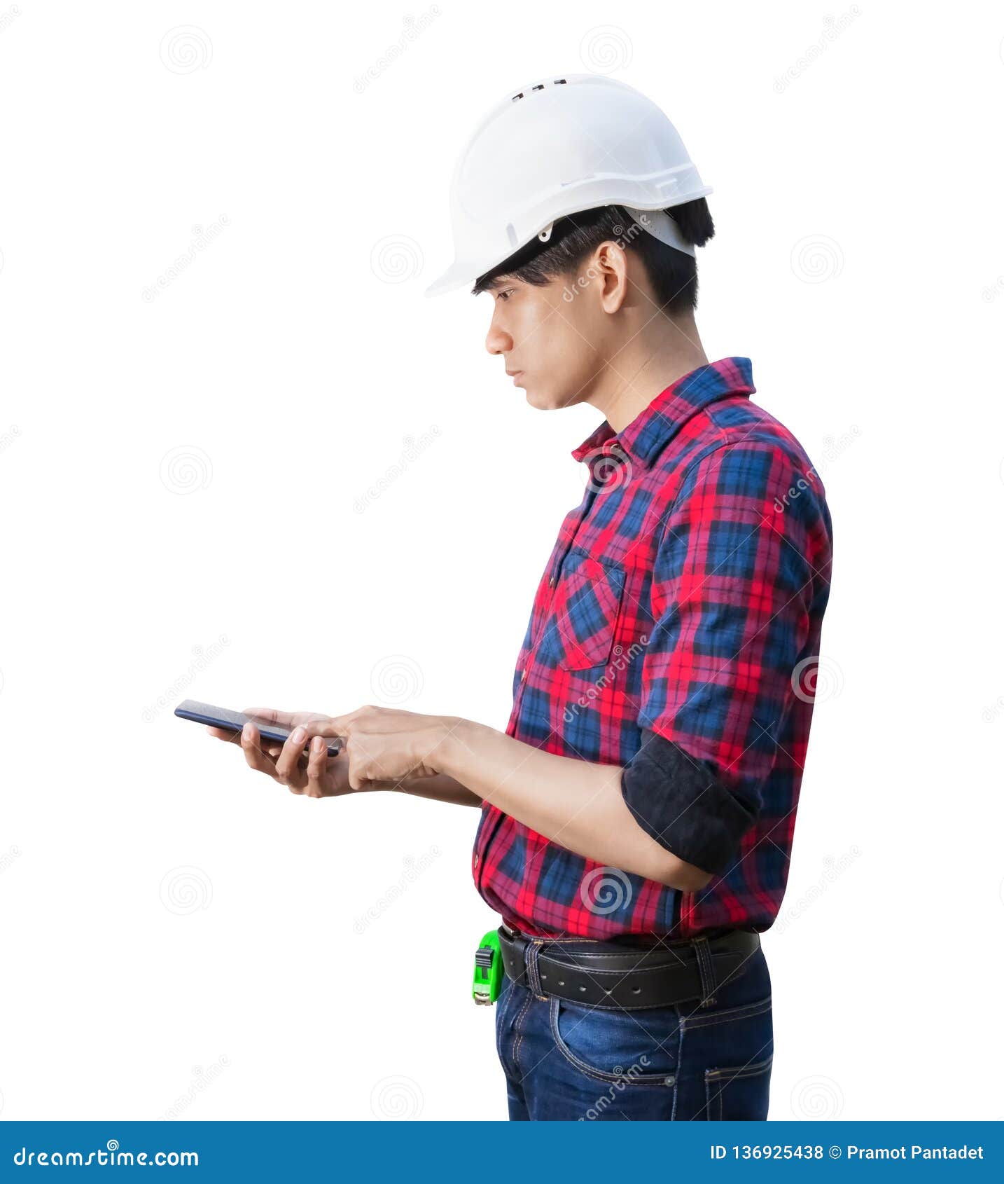 Hand of Engineer Using Cell Phone and Wear White Safety Helmet Plastic ...