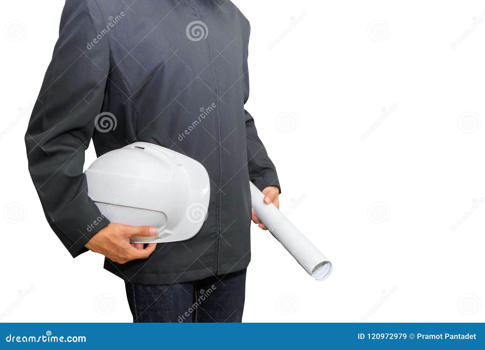 Hand of Engineering Holding Paper Plan Blueprint with White Safety ...