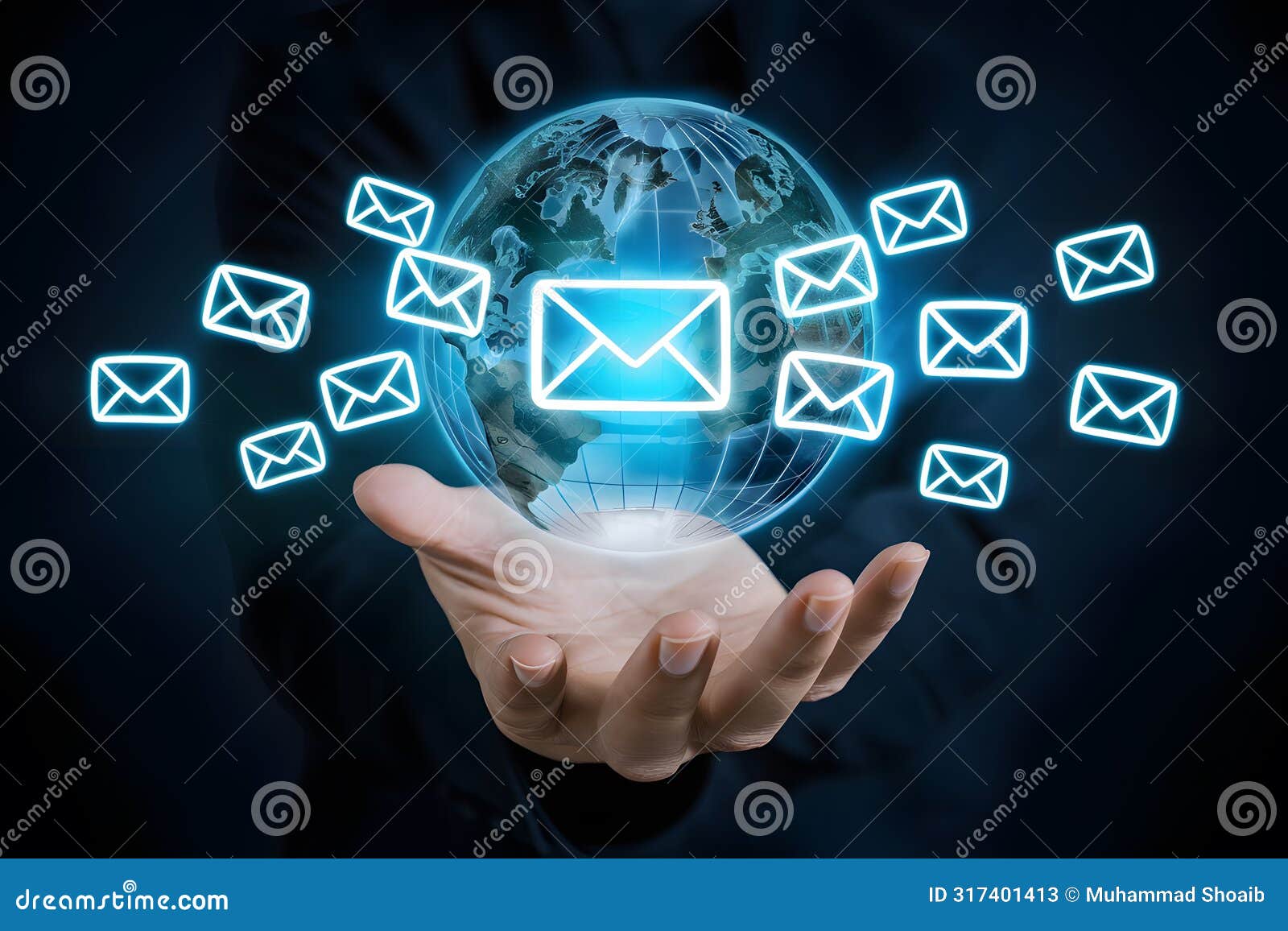 Hand with Envelope Icons and Glowing Globe, Representing Global ...