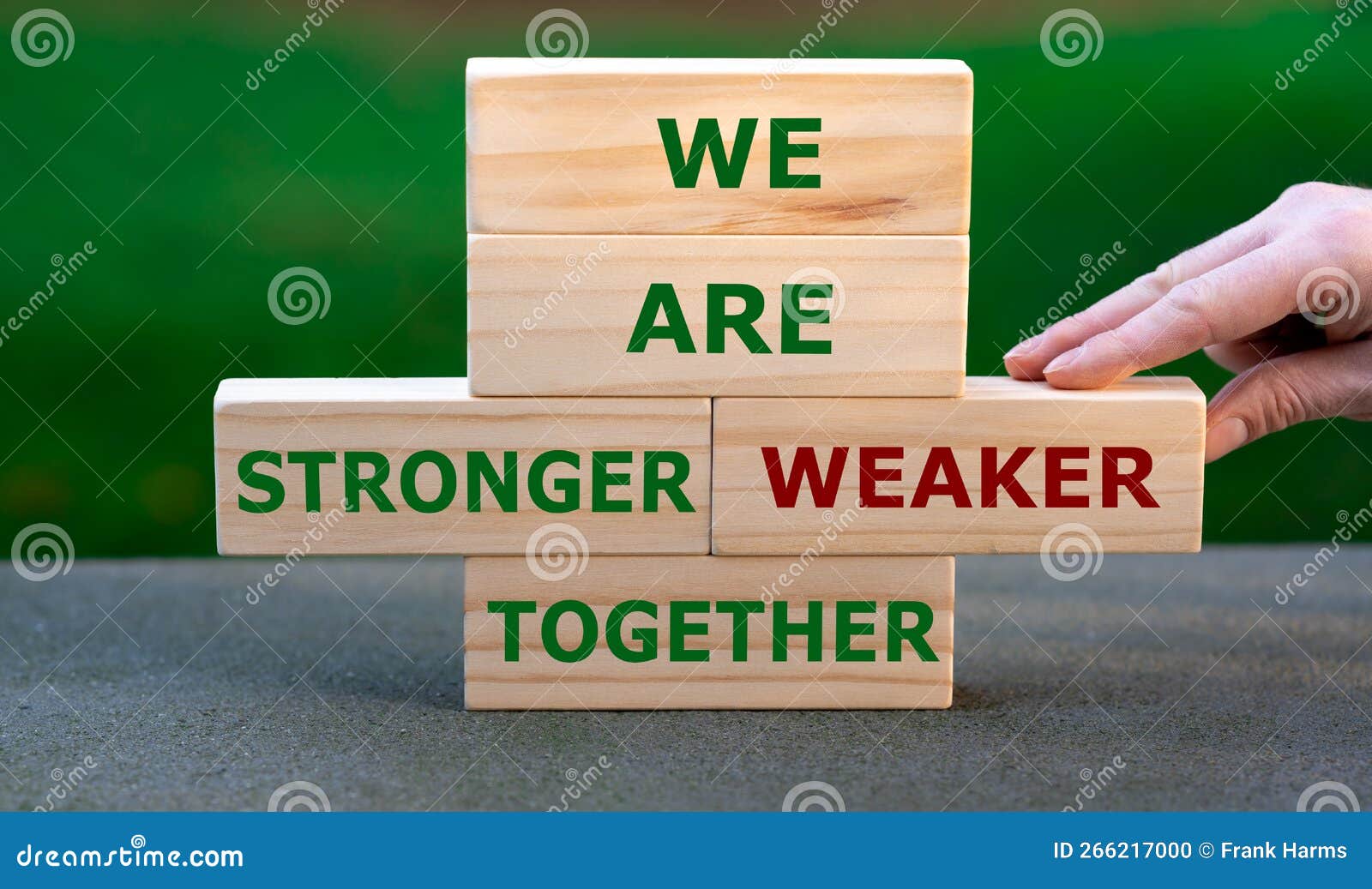 Hand Exchanges a Wooden Brick and Changes the Expression `we are Weaker ...