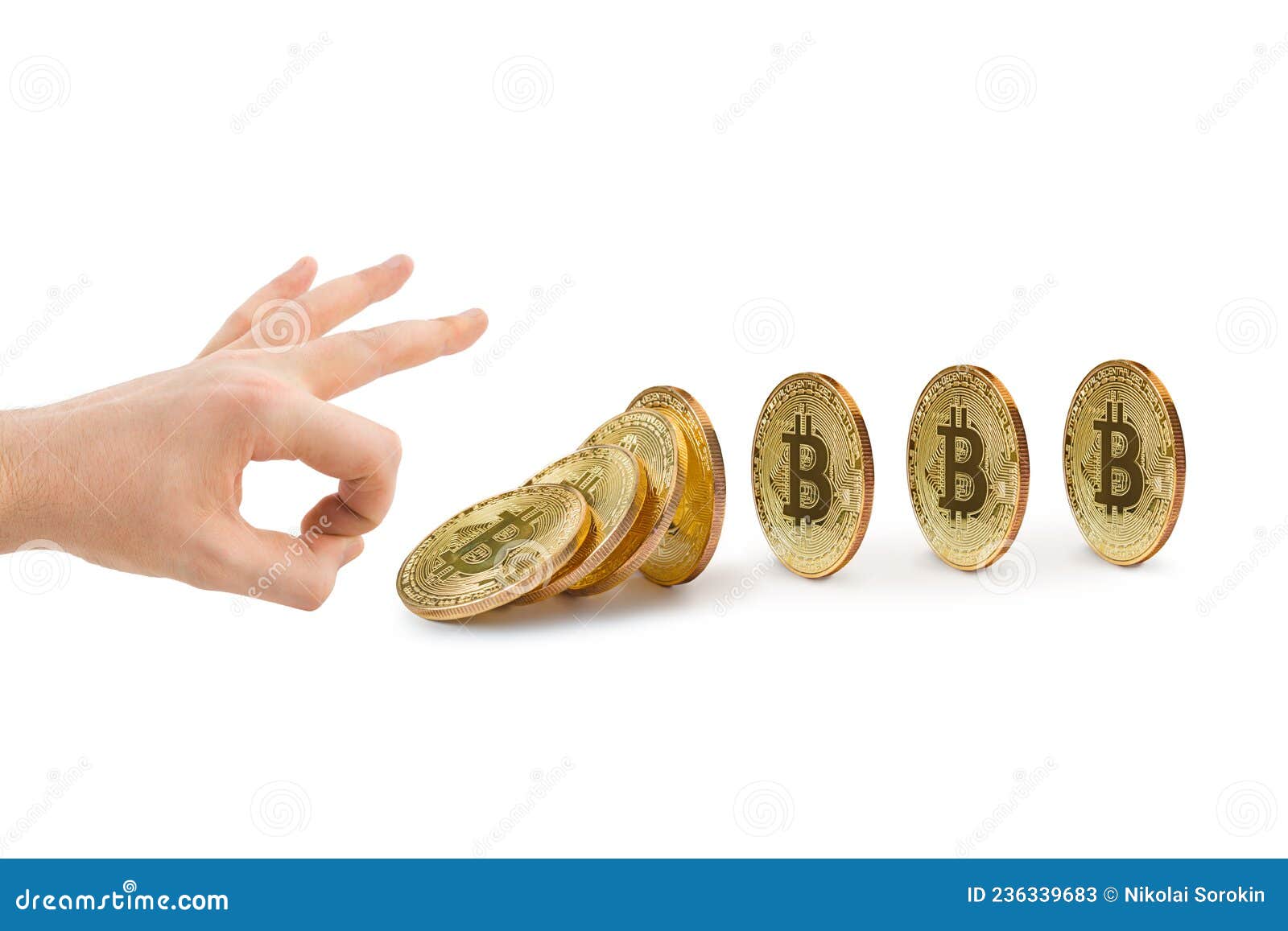 Hand and falling bitcoins stock image. Image of falling - 236339683