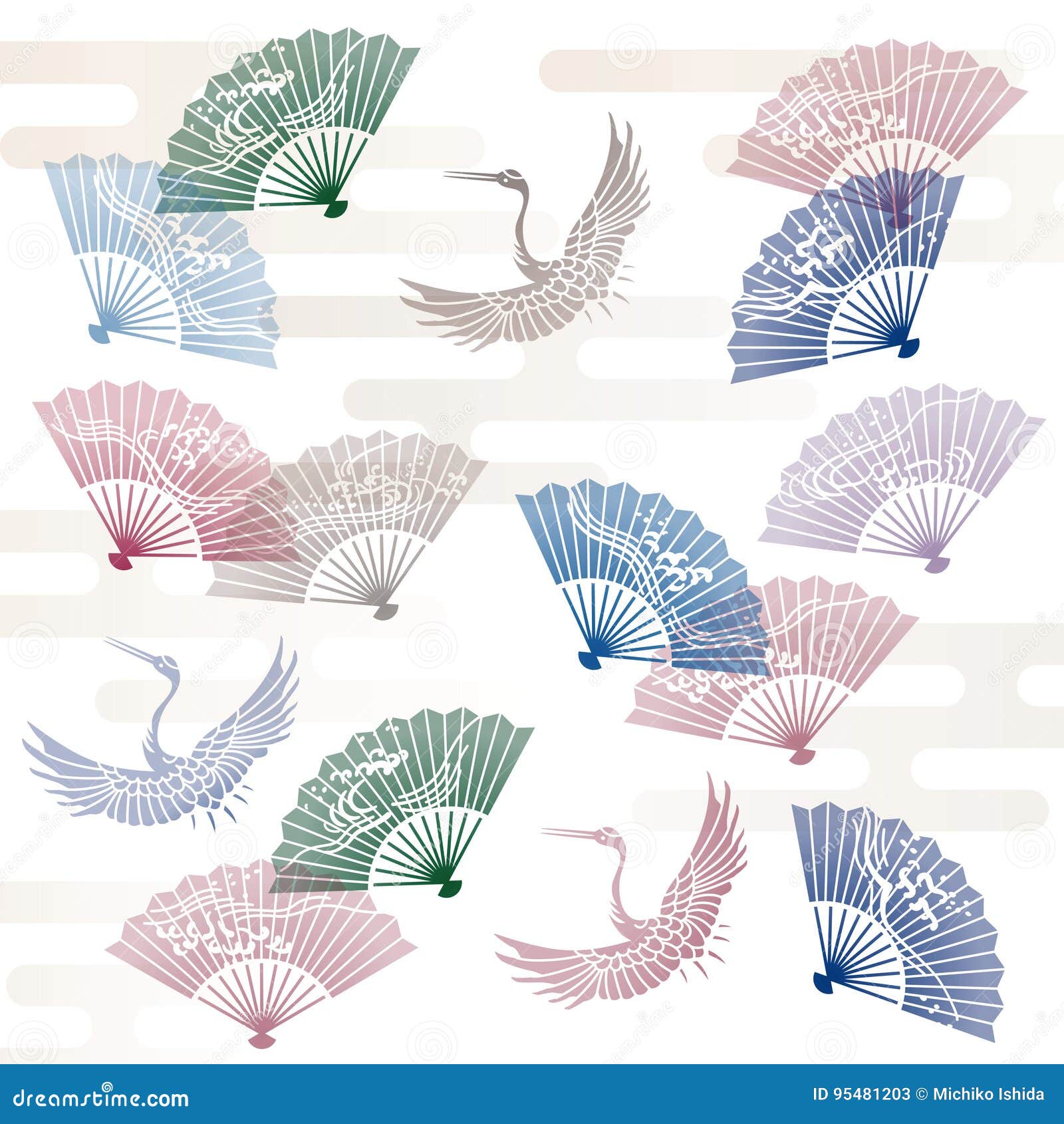 Hand Fan and Crane Japanese Traditional Pattern Stock Illustration ...