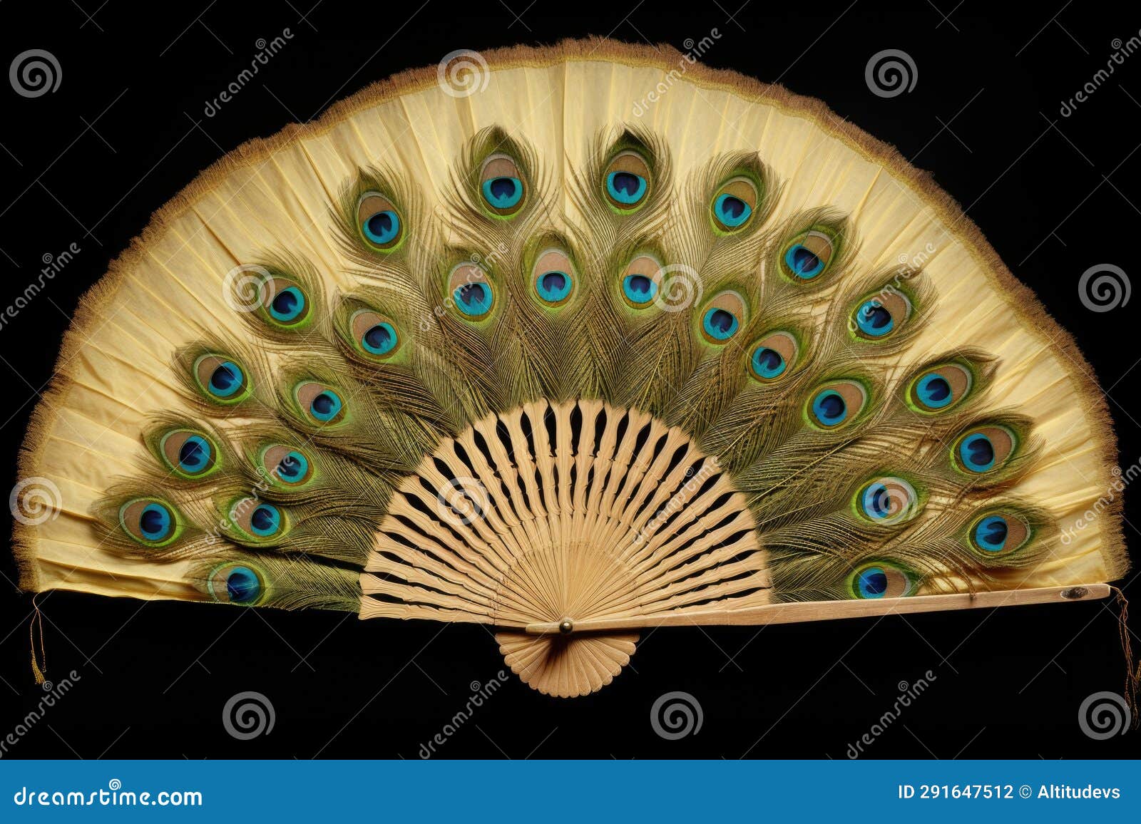 A Hand Fan Decorated with Peacock Feathers, Lying on a Silk Cloth Stock ...