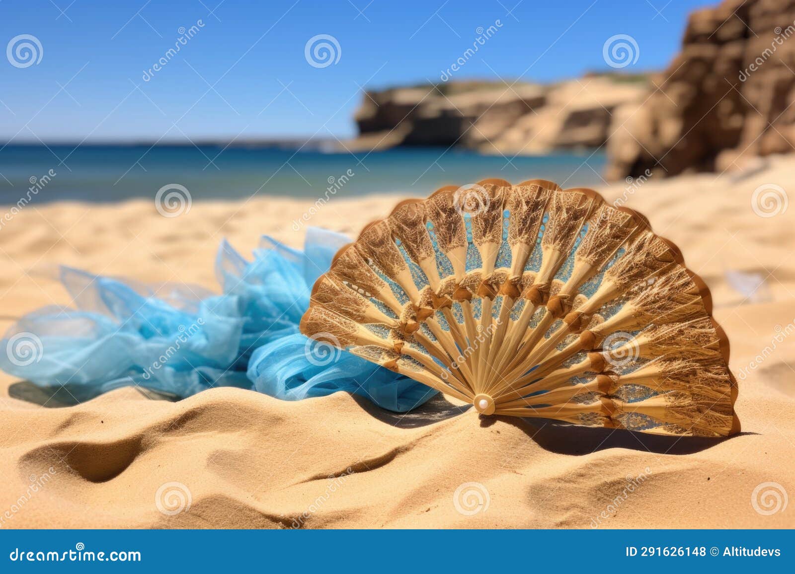 Hand Fan Lying Next To a Sandcastle with the Ocean in the Background ...