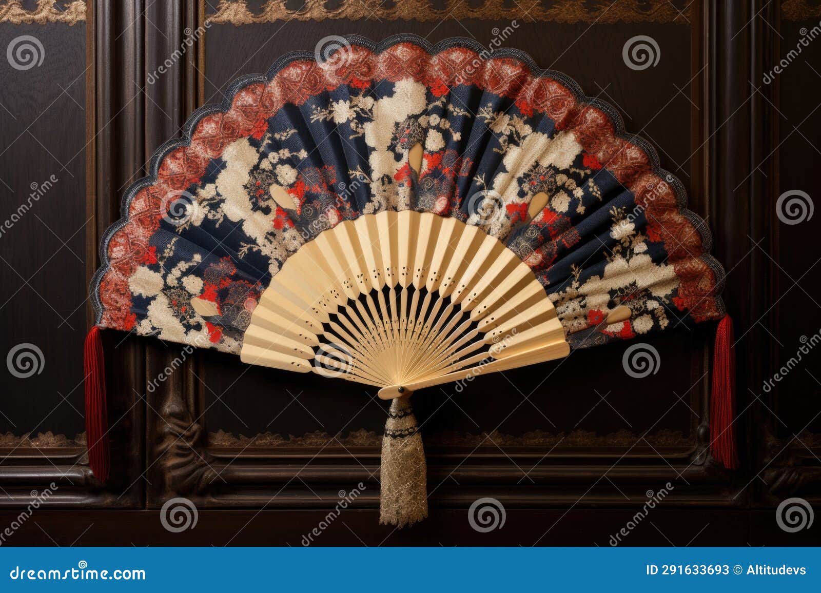 A Hand Fan with Traditional Asian Patterns Laid on a Silk Fabric Stock ...