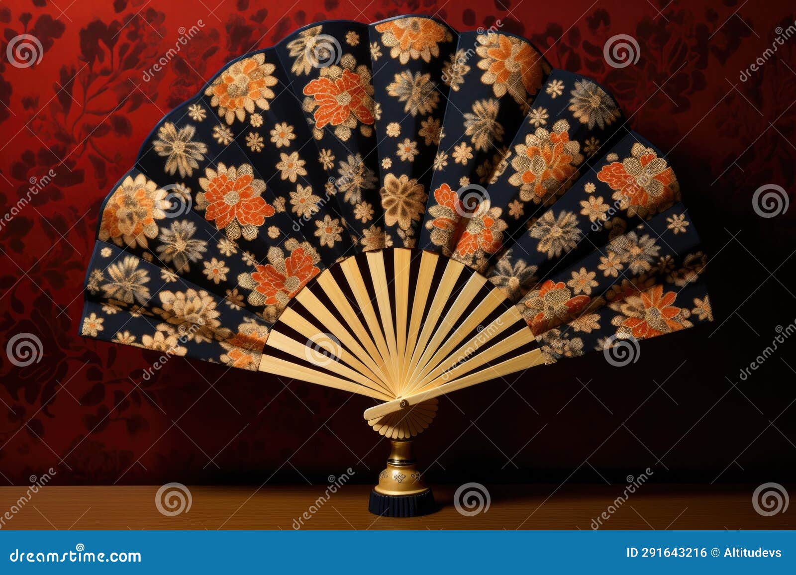 A Hand Fan with Traditional Asian Patterns Laid on a Silk Fabric Stock ...