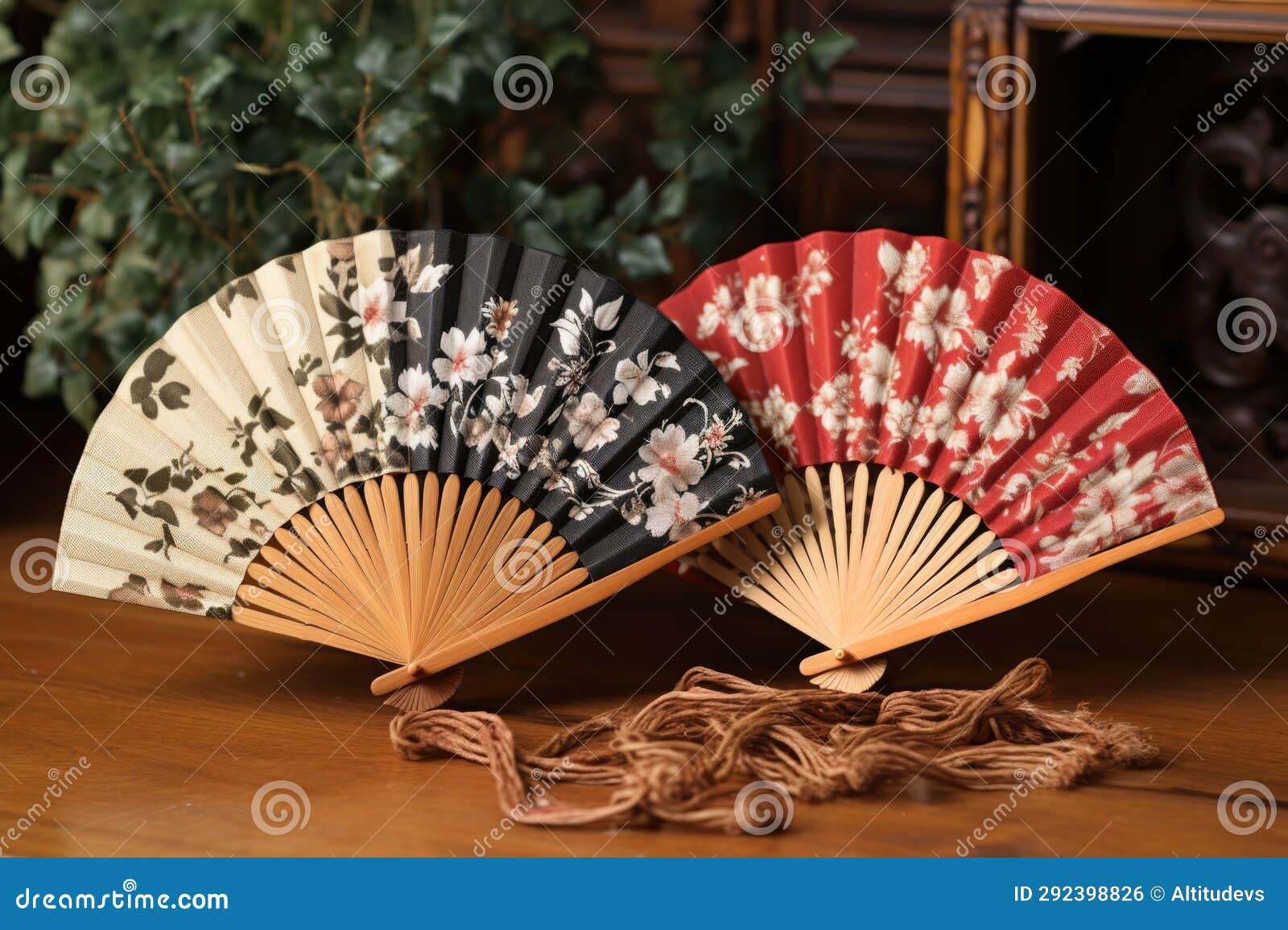 Hand Fans with Floral Designs Spread Open on a Bamboo Mat Stock Photo ...
