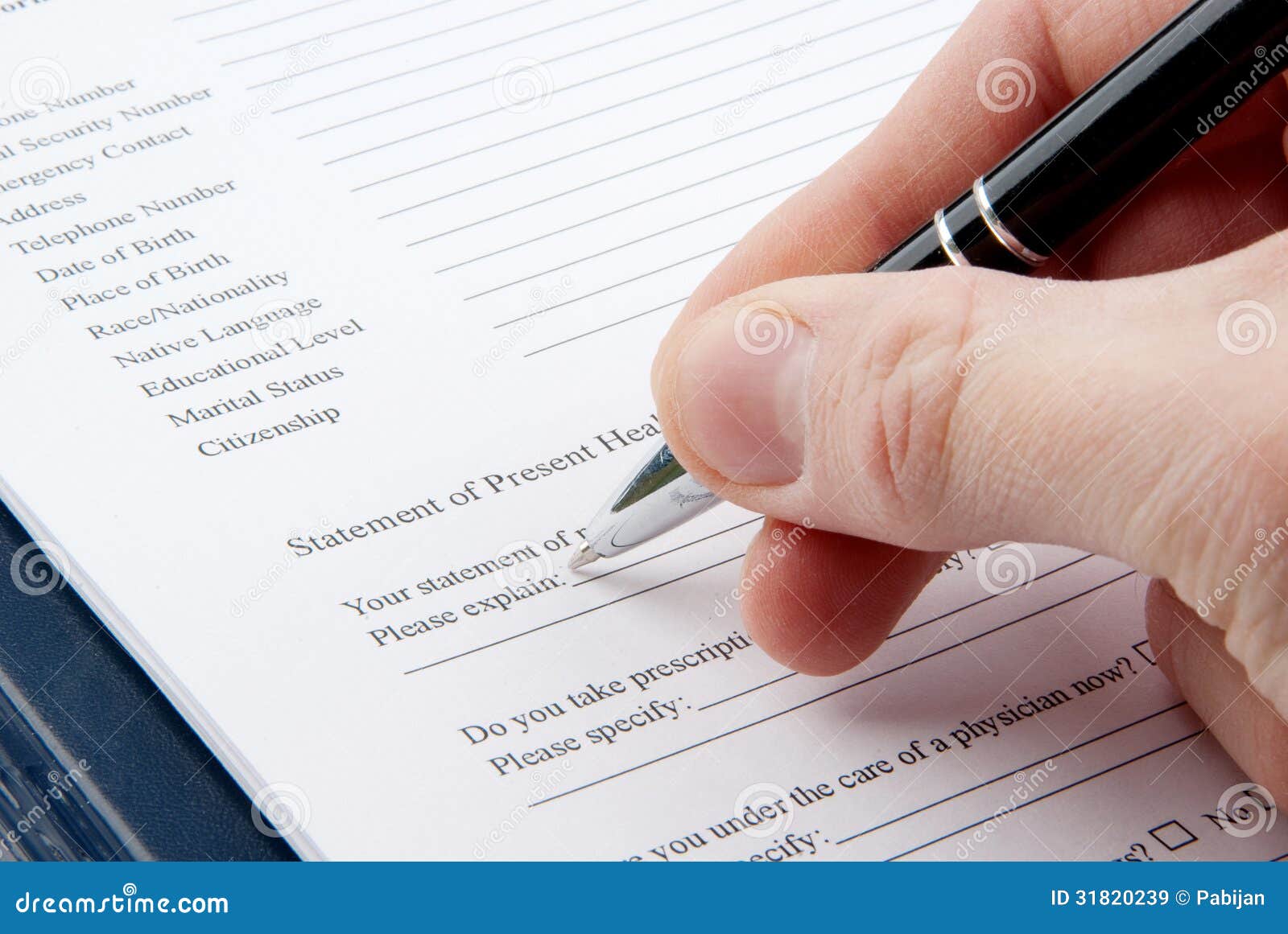 Hand Filling in Empty Medical Questionnaire Stock Image - Image of ...