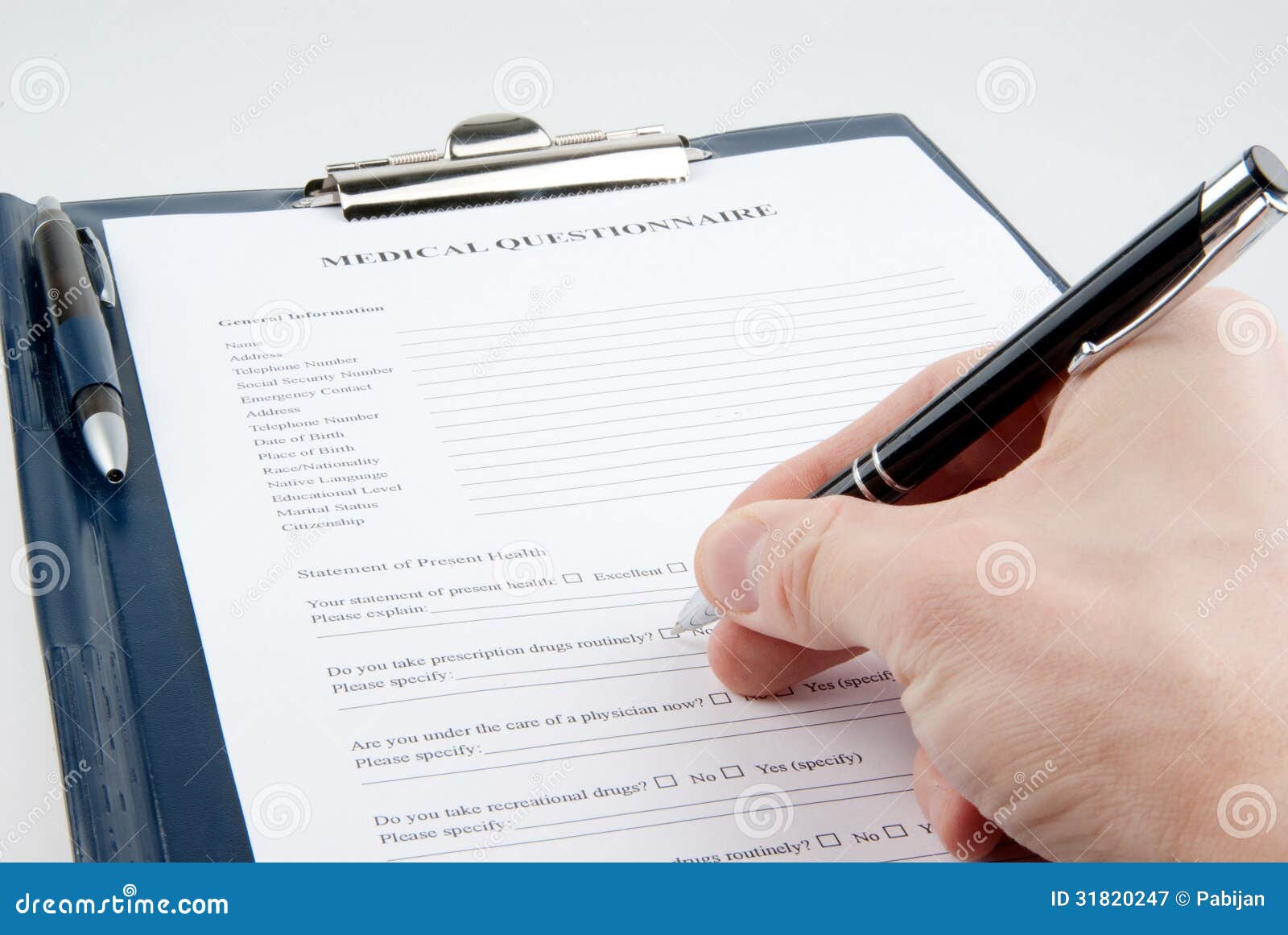 Hand Filling in Empty Medical Questionnaire Stock Image - Image of ...