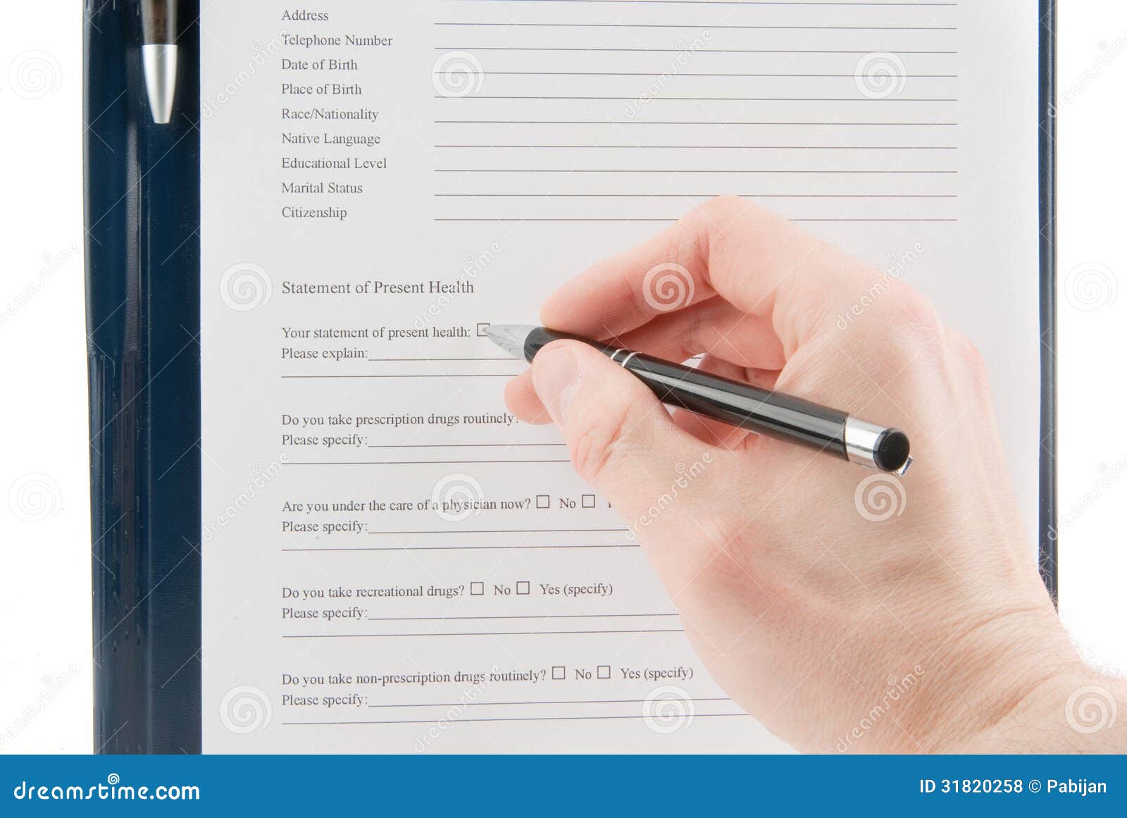 Hand Filling in Empty Medical Questionnaire Stock Photo - Image of ...