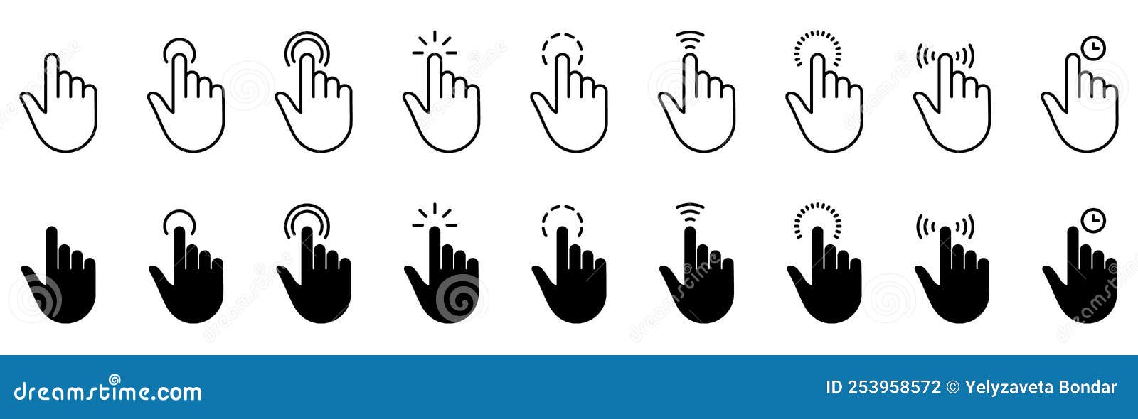 Hand With Finger Digital Mouse Click Line And Silhouette Icon Set ...