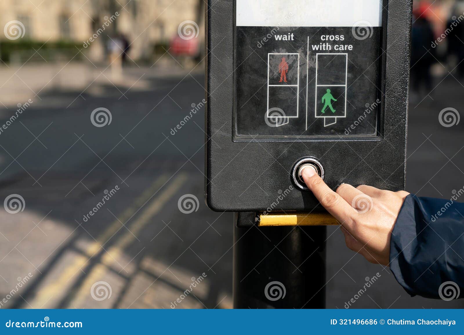 Hand Finger Pressing or Pushing on Stop Request Button at Crosswalk ...