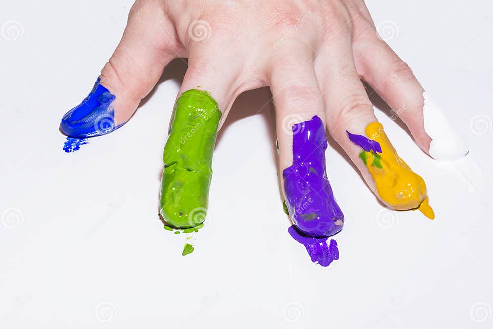 Hand with Fingers Painted in Different Colors Stock Image - Image of ...