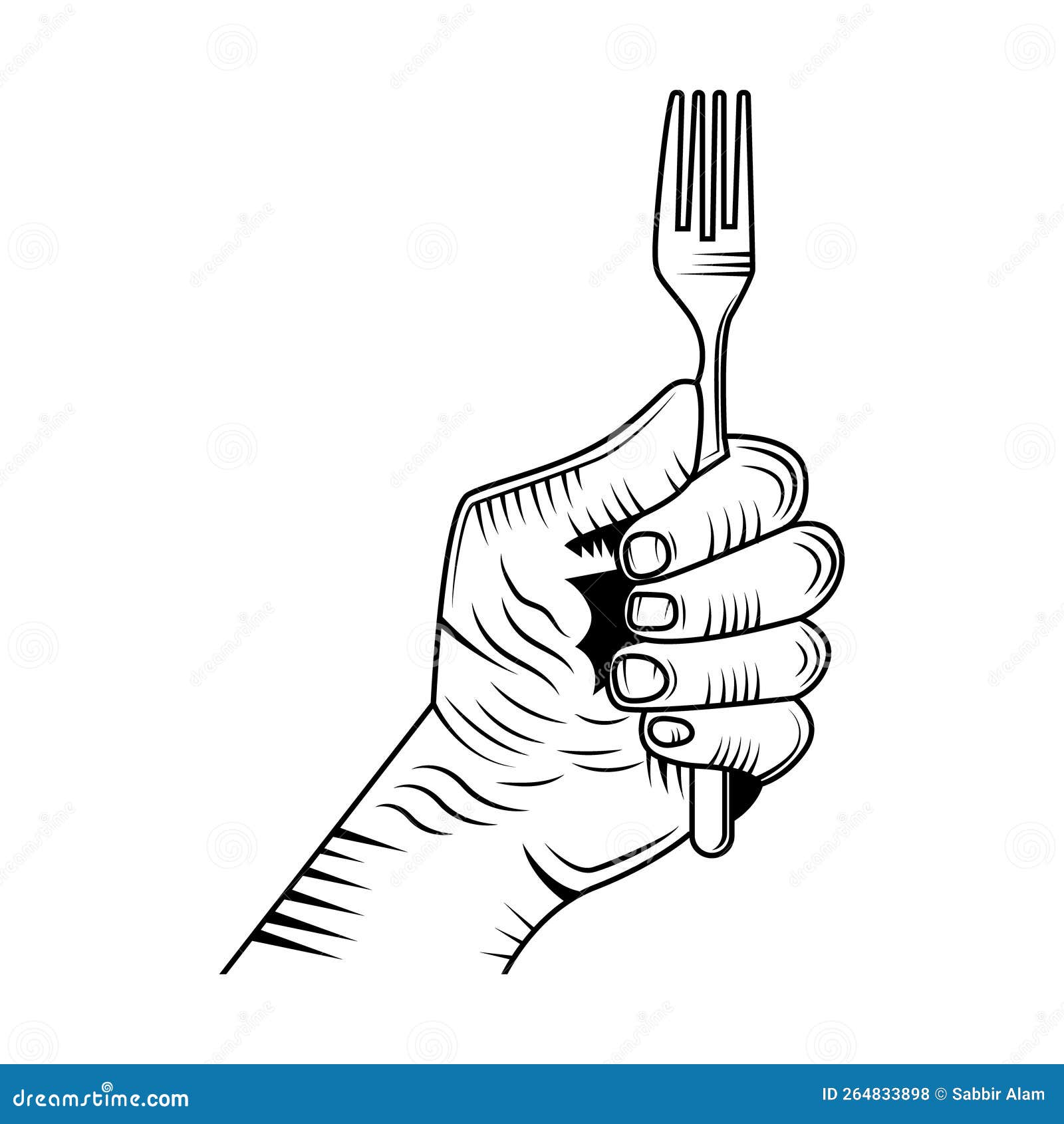 Hand Fist Holding Fork Line Drawing Vector Stock Vector - Illustration ...