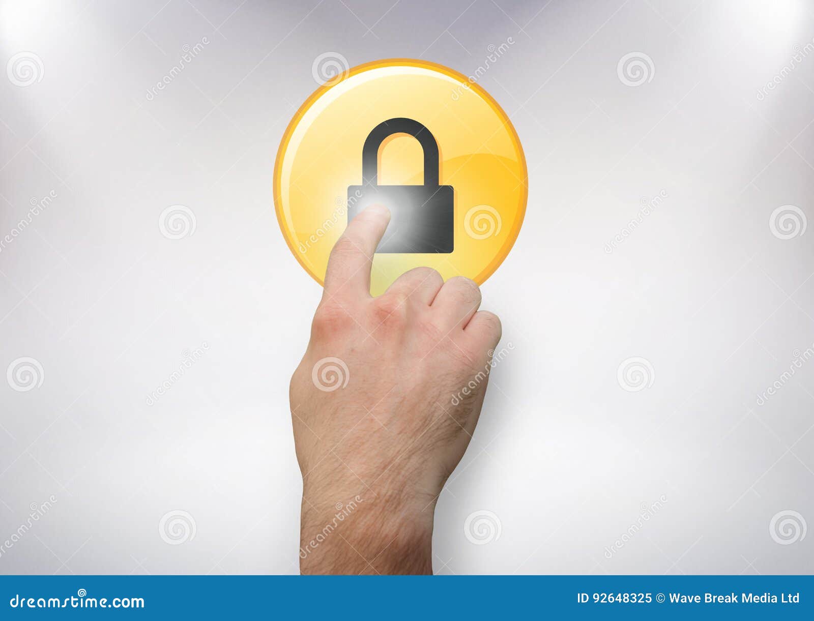 Hand with Flare Touching Yellow Lock Graphic Against White Background ...