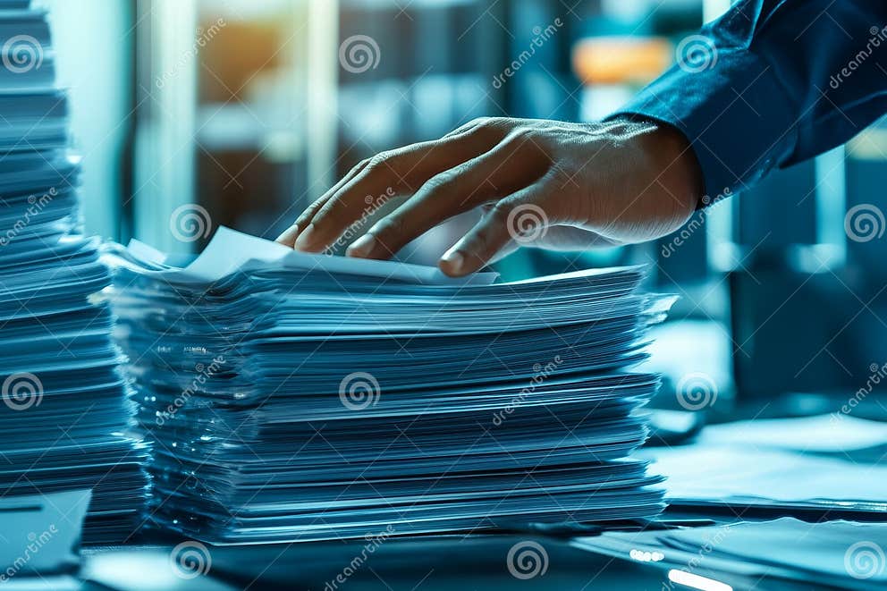 Hand Flipping through a Stack of Papers in a Busy Office Setting Stock ...