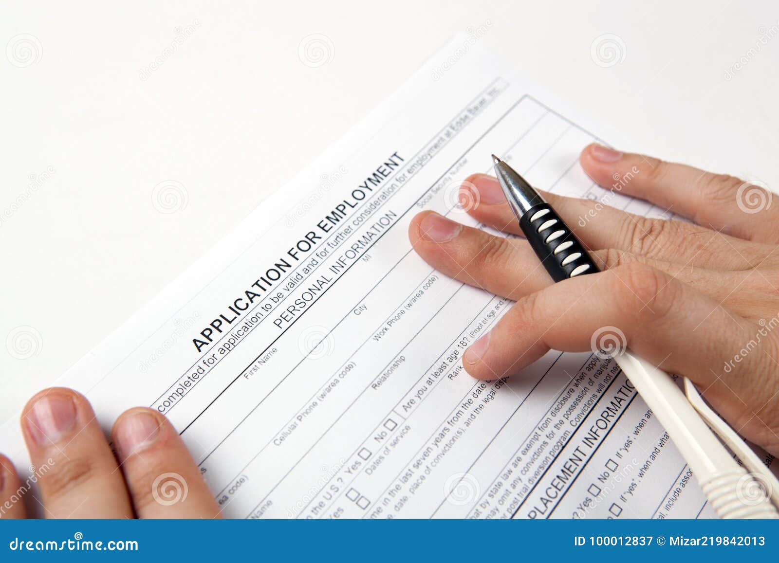 Human Hand and the Form of the Document Application for Employment ...